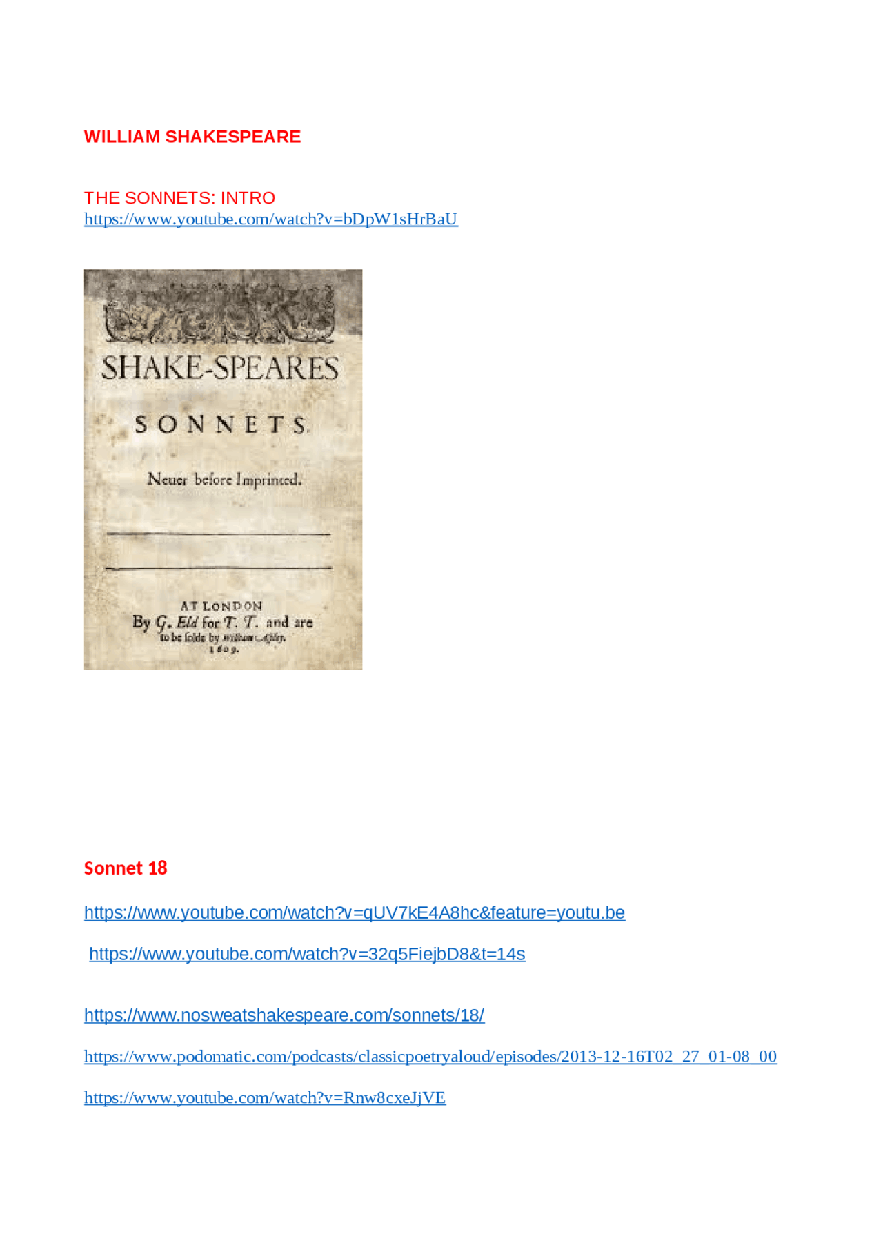 The Sonnets William Shakespeare Docsity