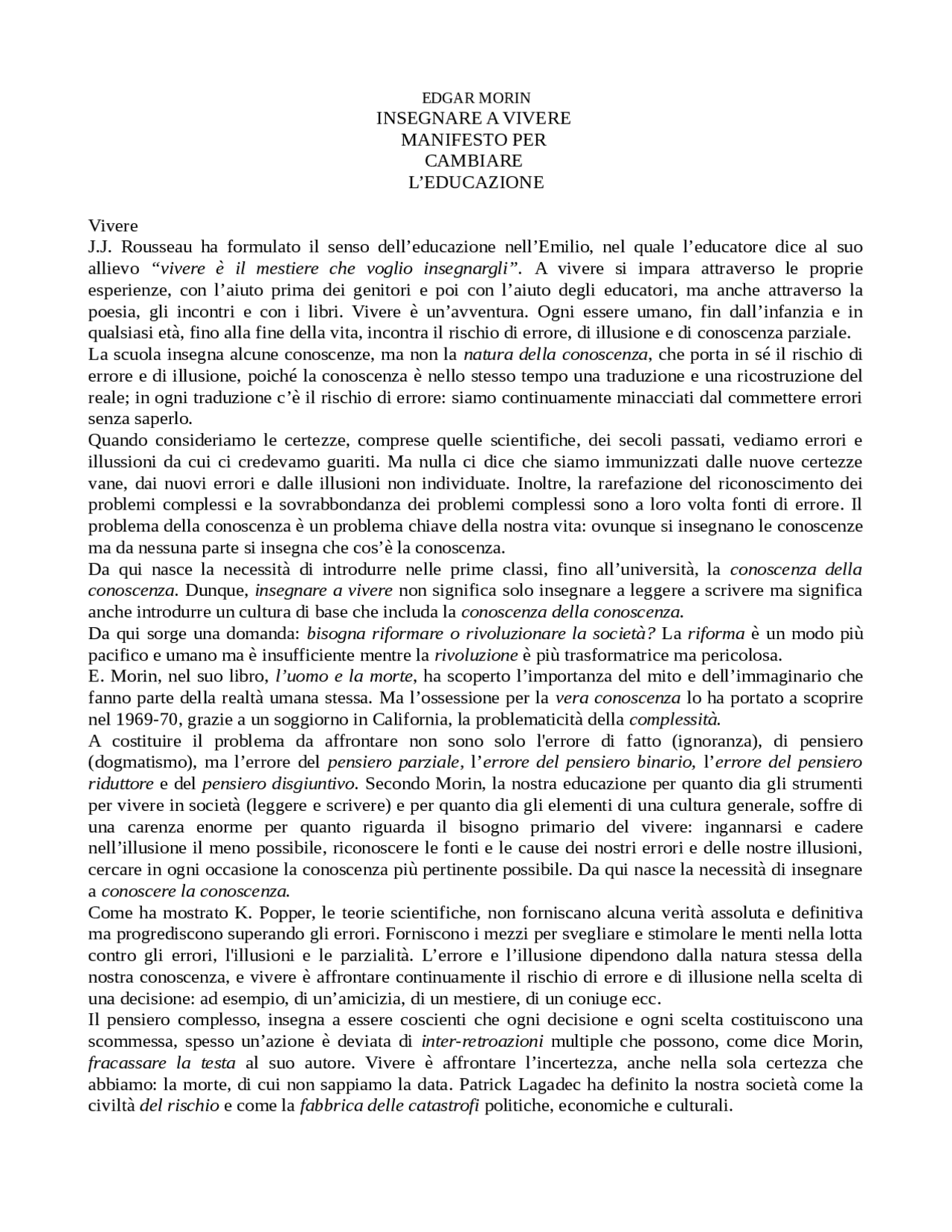 Insegnare A Vivere Di E Morin Docsity