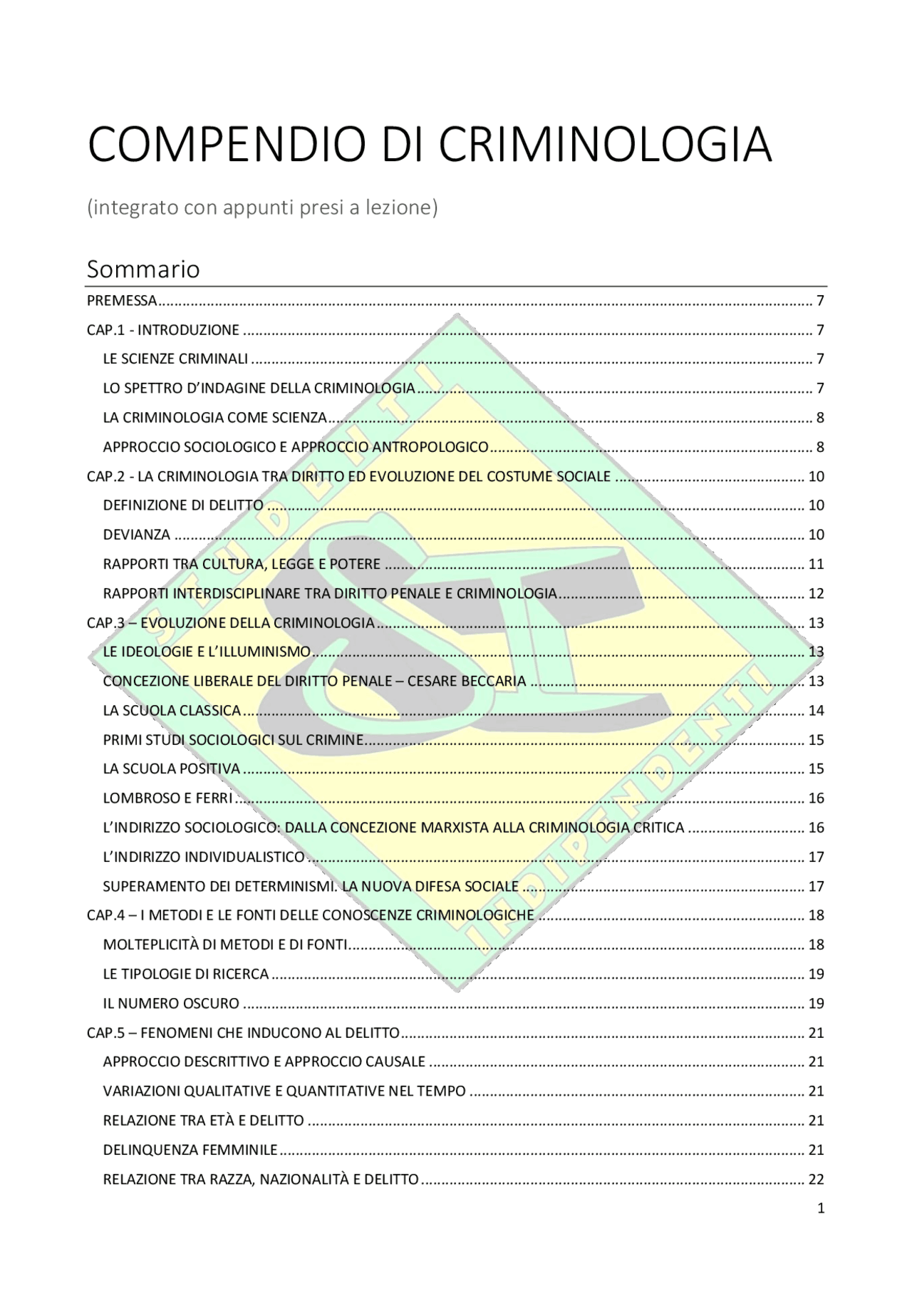 Riassunto Del Compendio Breve Di Criminologia Docsity