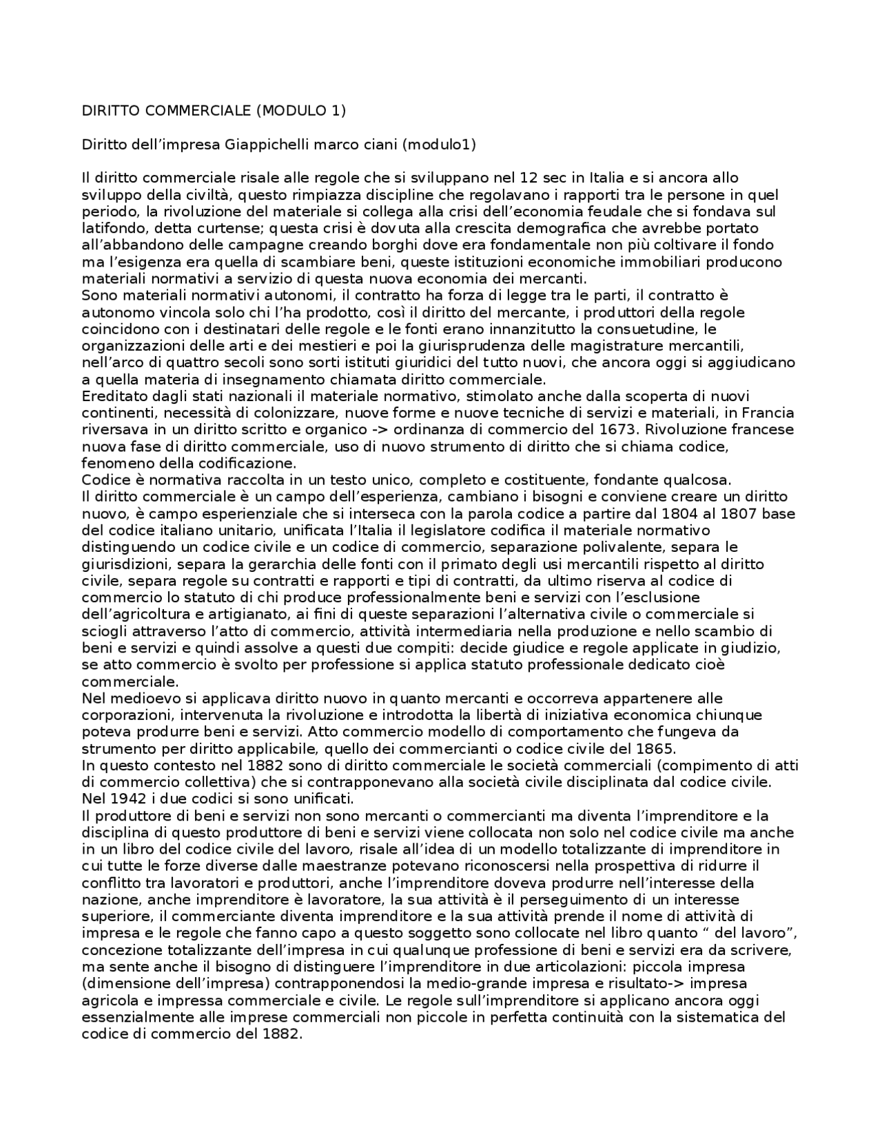 Lezioni Diritto Commerciale Modulo I Docsity