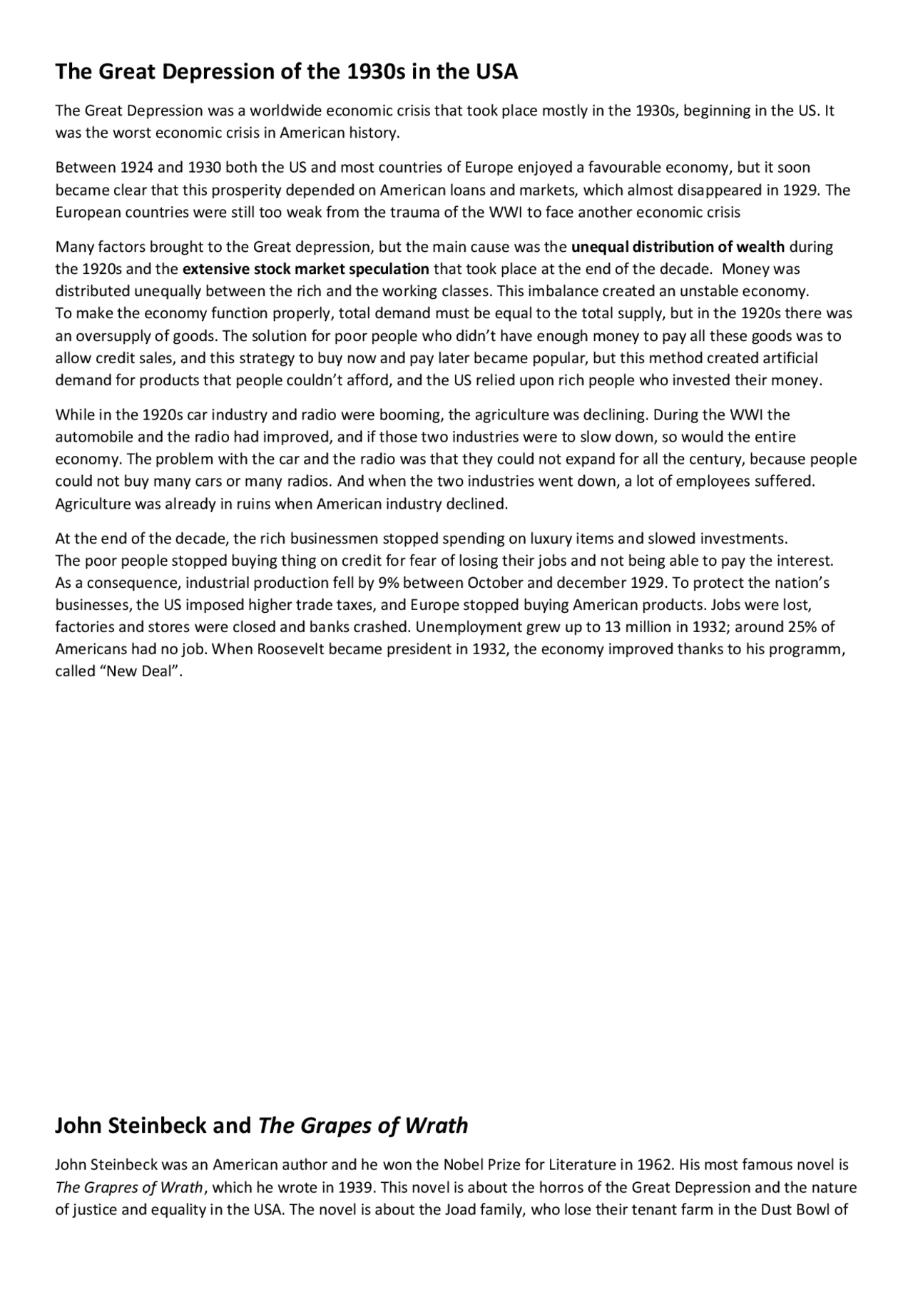 The Great Depression and John Steinbeck - Docsity