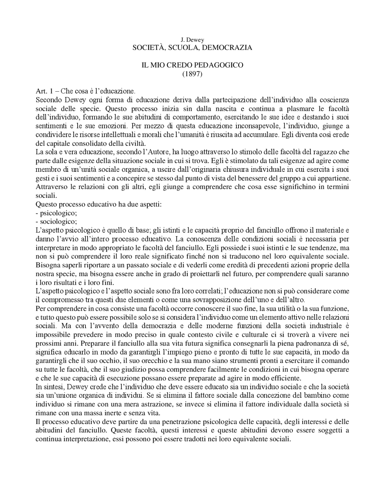 Scuola Società E Democrazia Di J Dewey Docsity