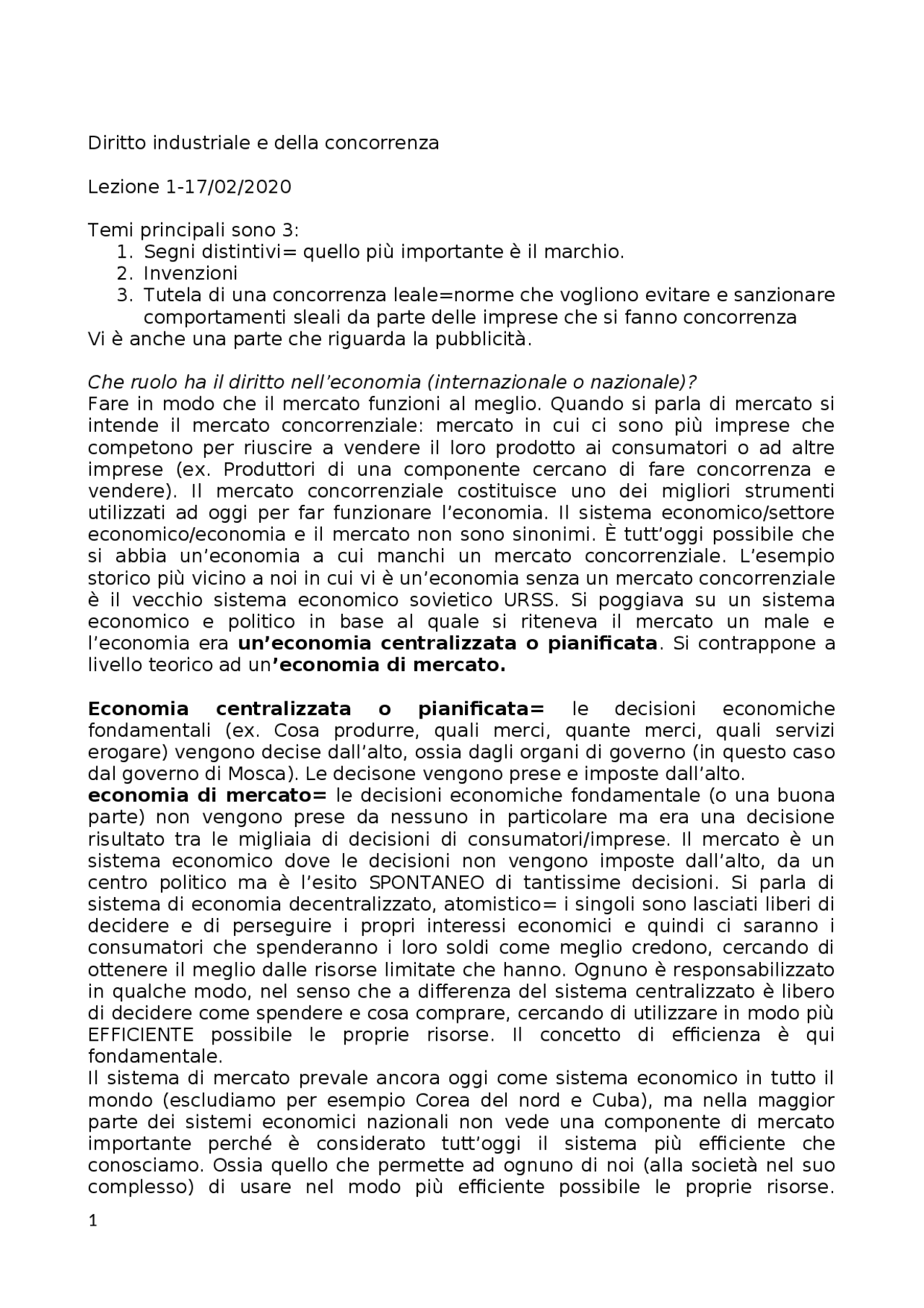 DIRITTO INDUSTRIALE E DELLA CONCORRENZA - Docsity