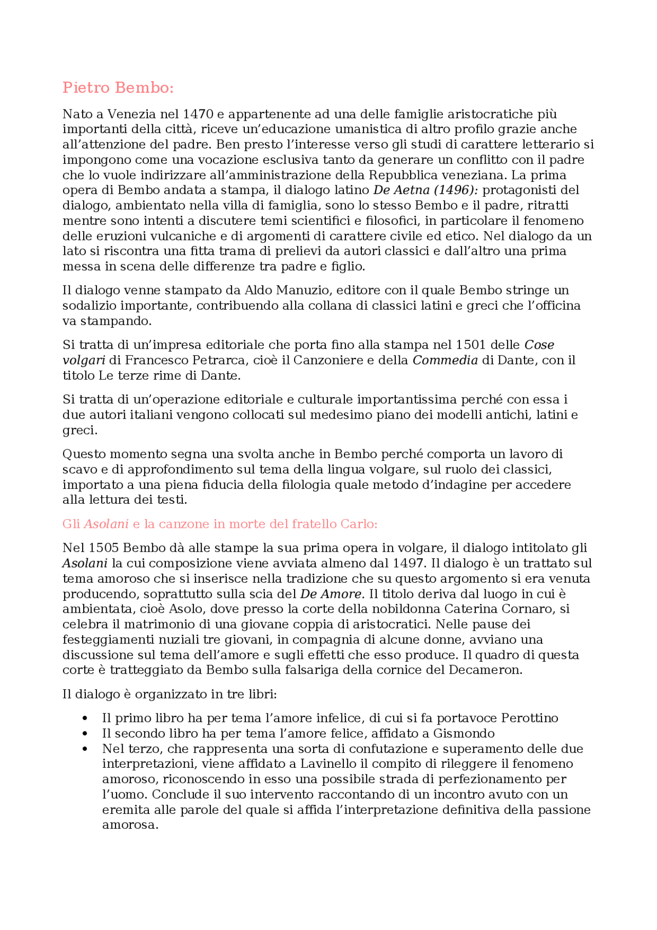 Pietro Bembo Riassunto Di Vita Ed Opere Docsity