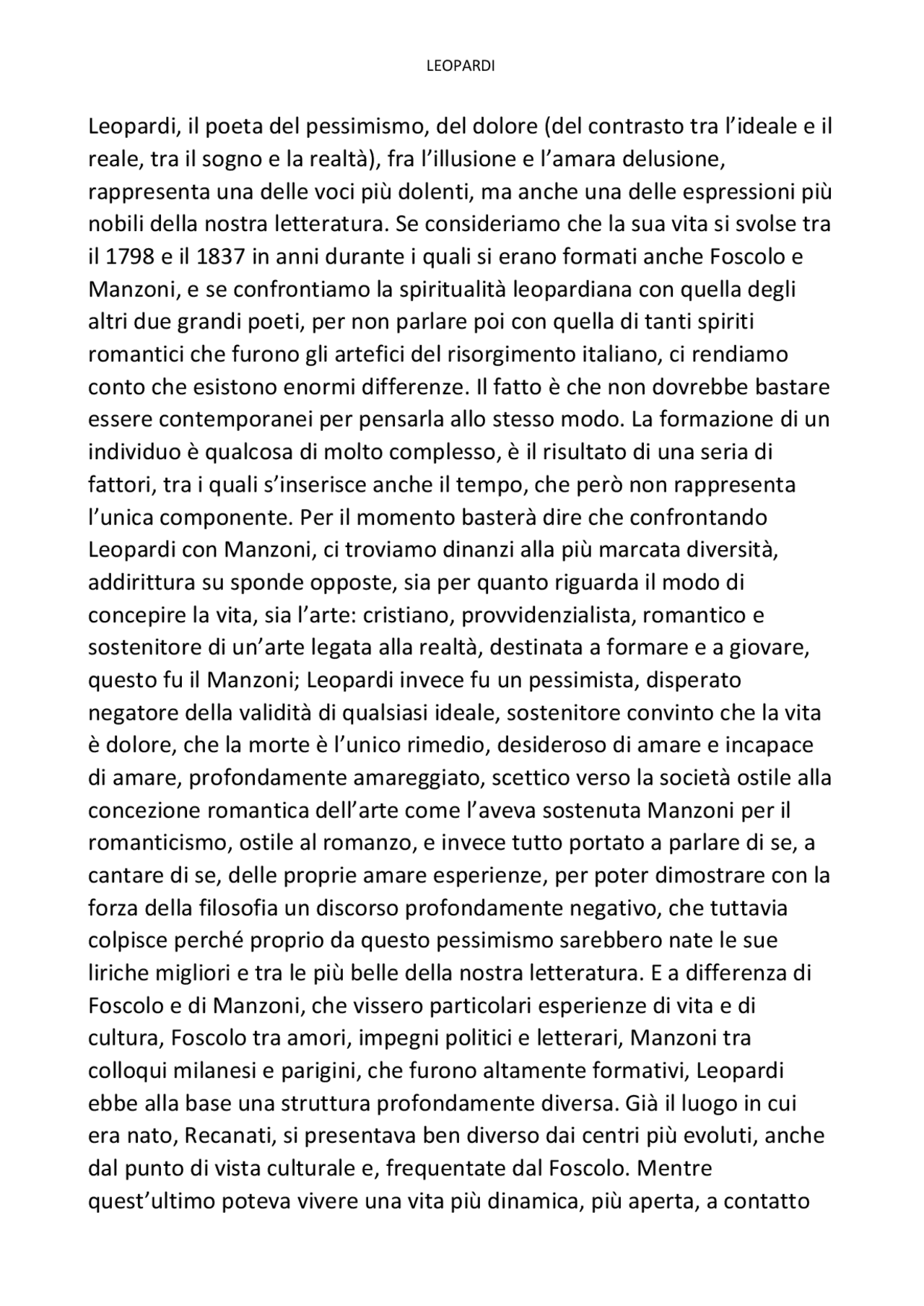 Riassunto Generico Di Leopardi Appunti Docsity