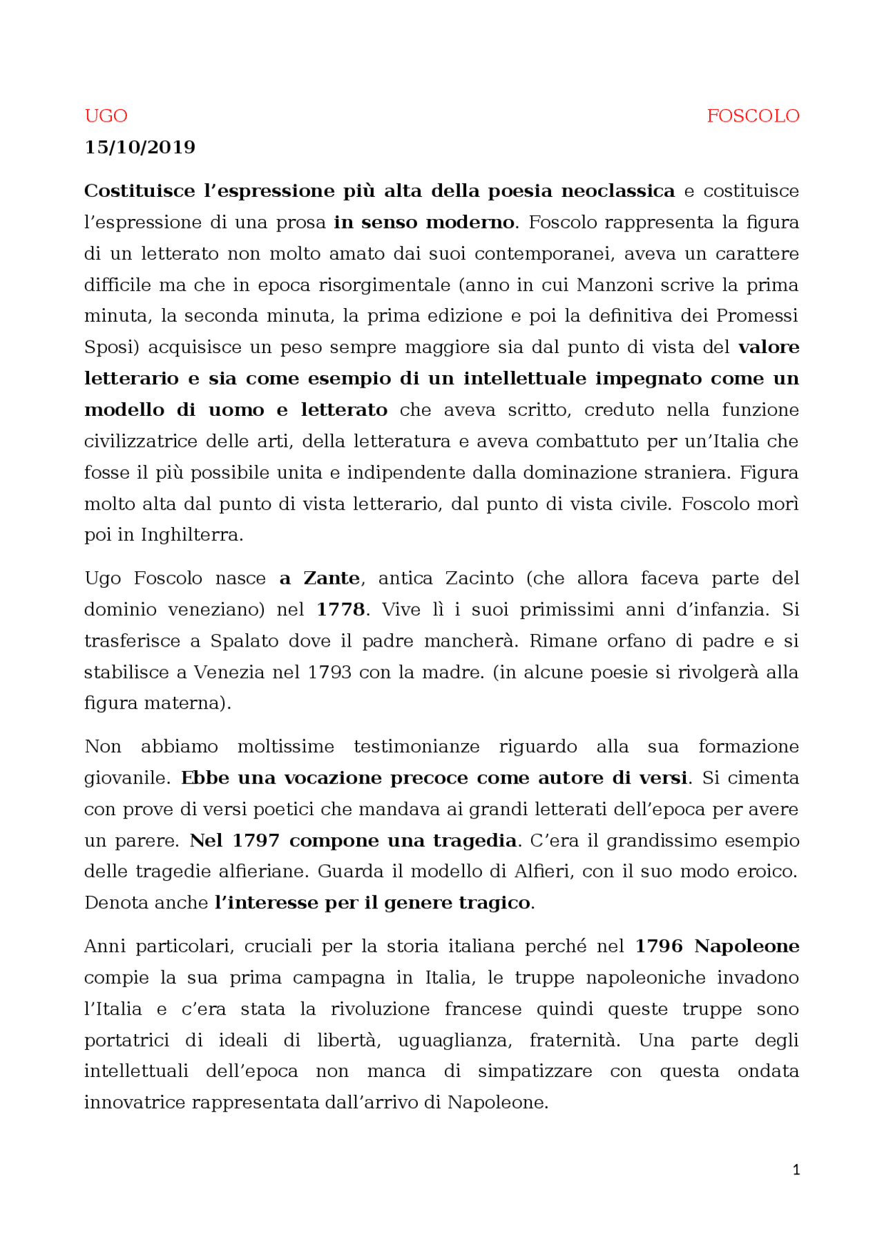 Riassunto Ugo Foscolo Docsity