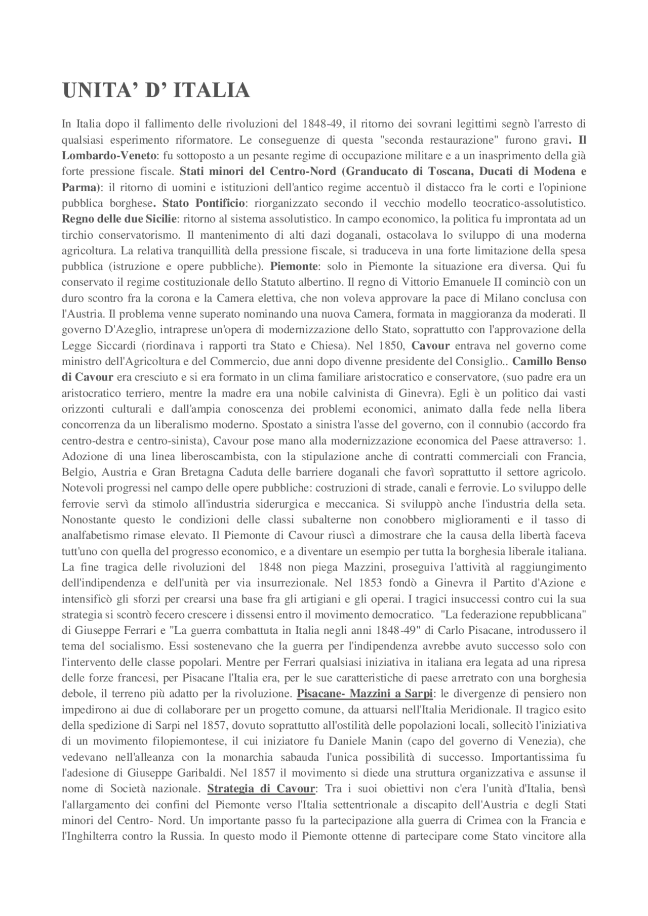 Riassunto Lunità Ditalia Docsity