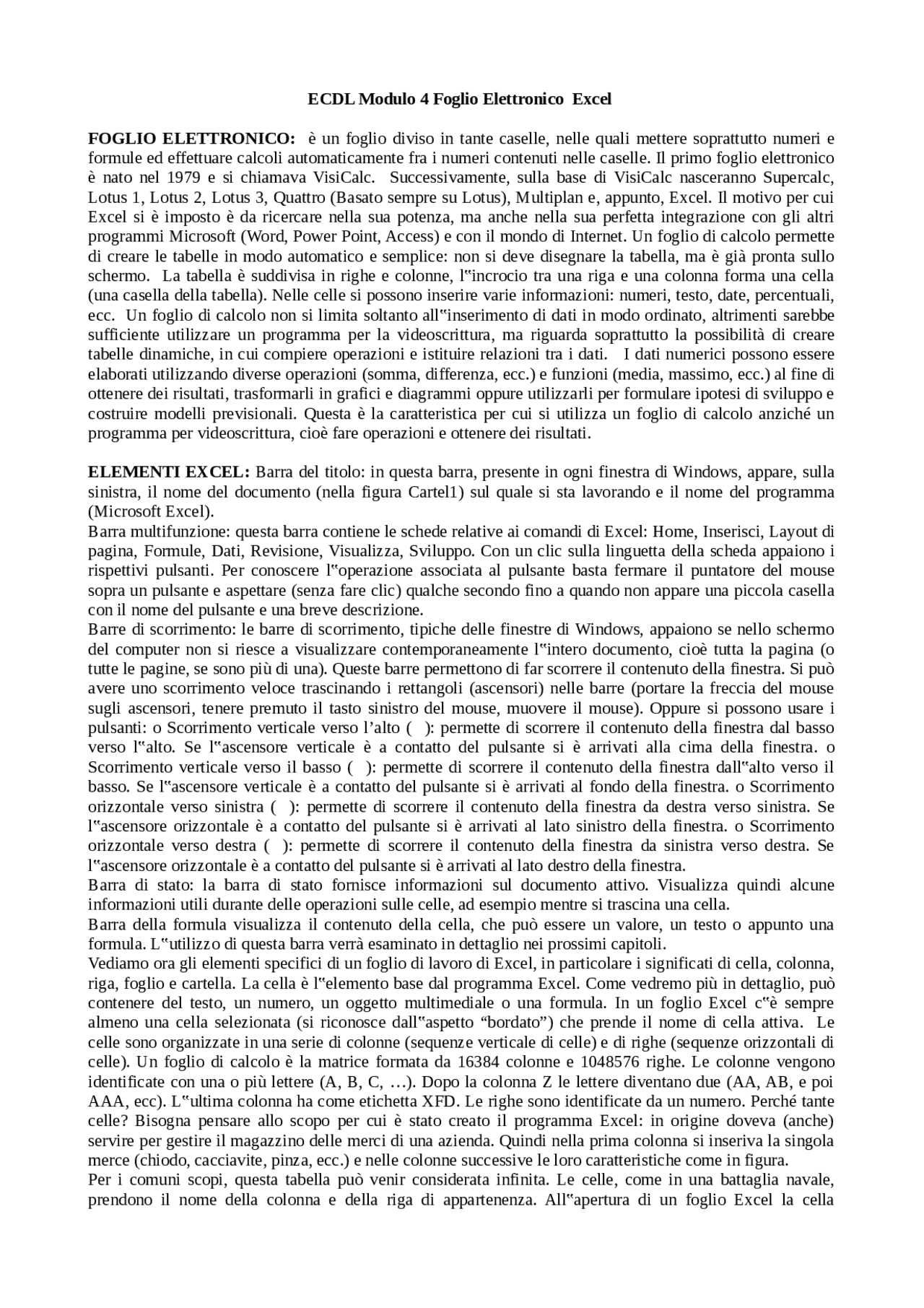 Ecdl Modulo 4 Foglio Elettronico Excel Docsity