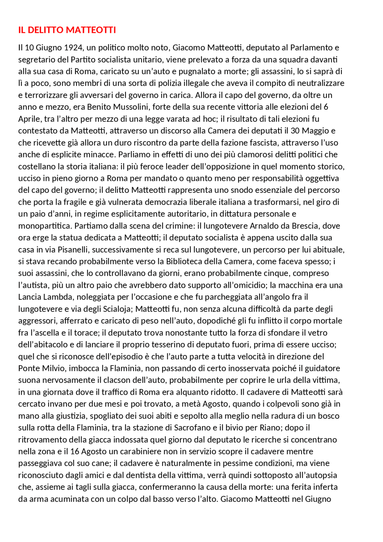 Delitti politici rilevanti: l'omicidio Matteotti - Docsity