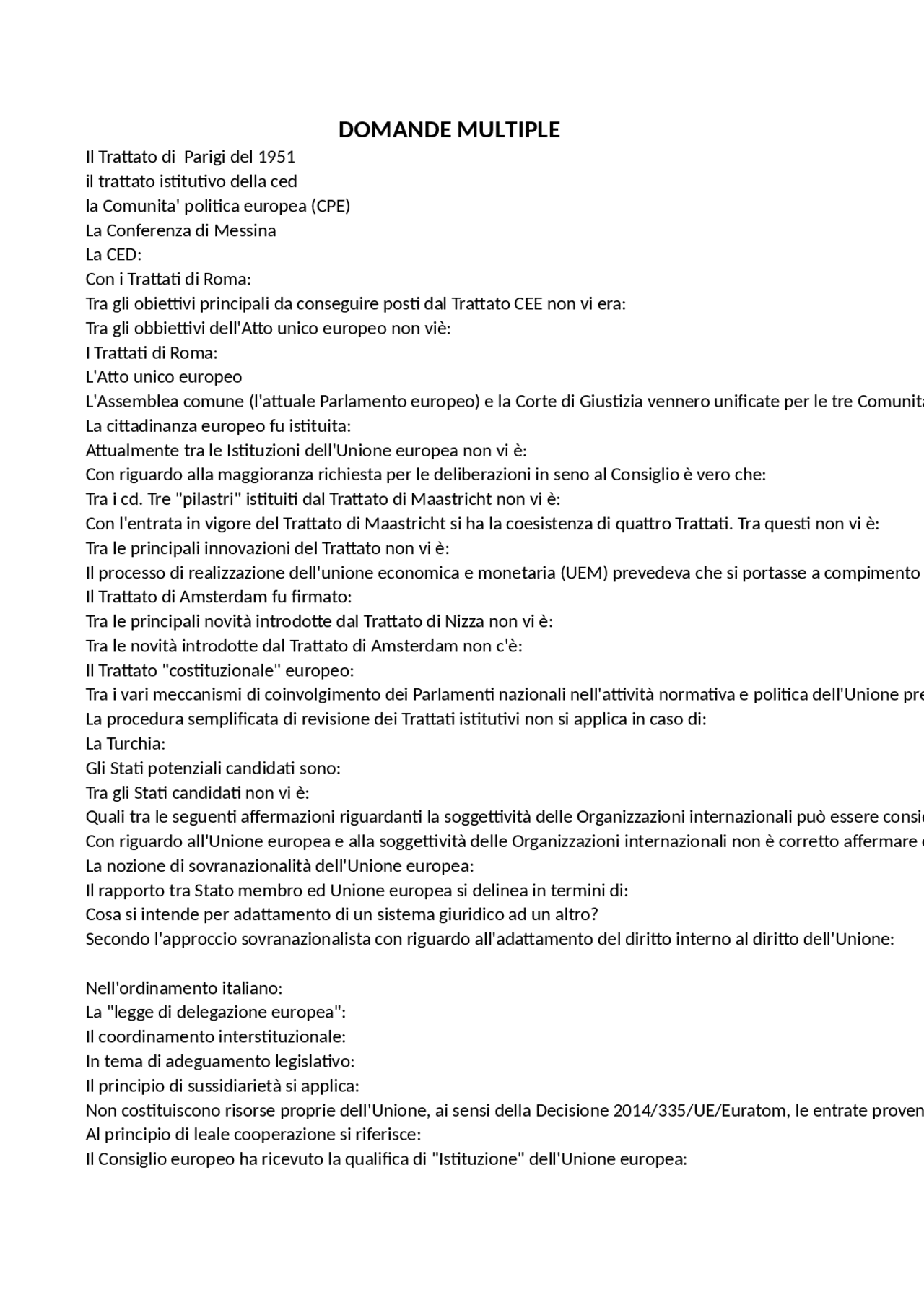 Domande Chiuse Di Diritto Europeo Docsity