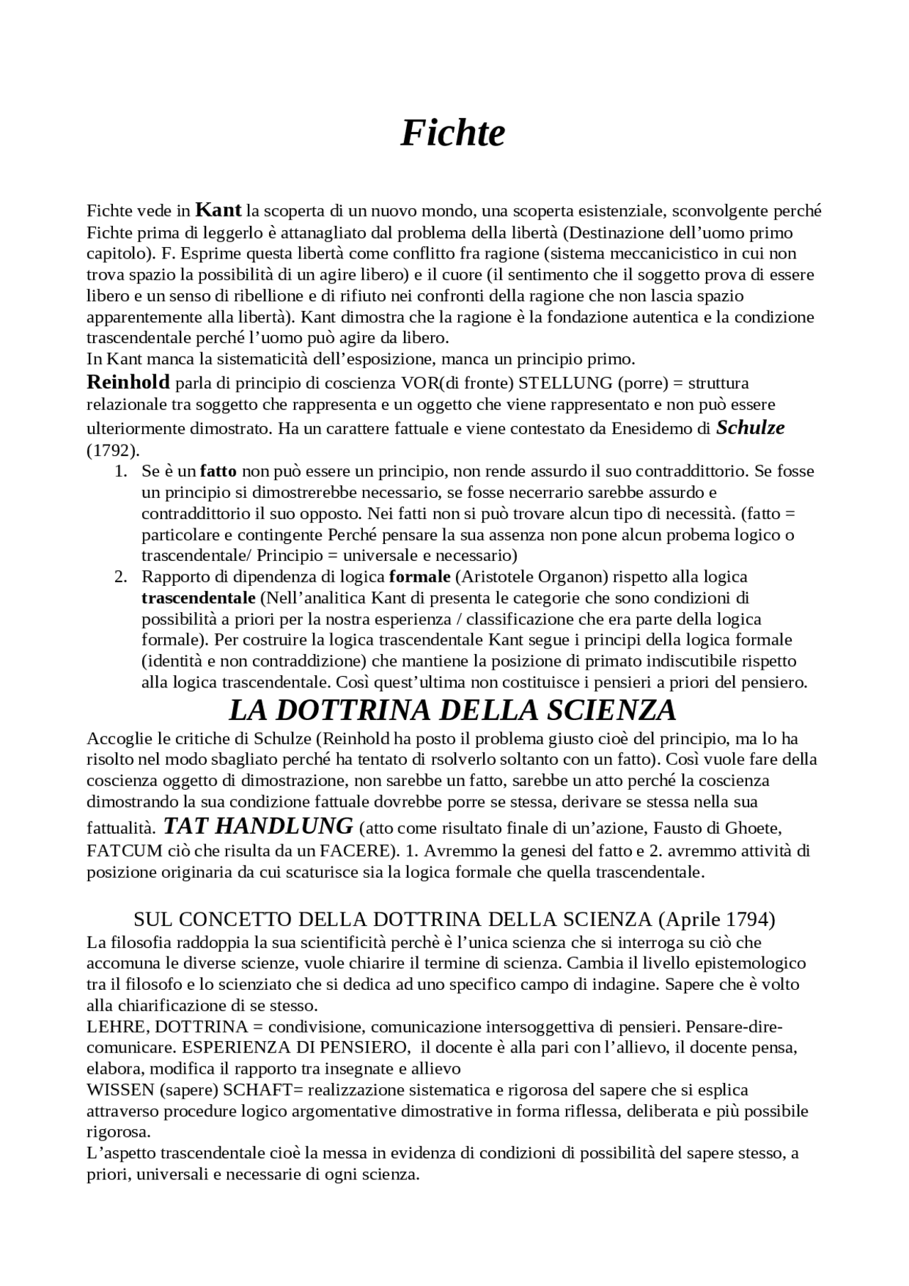 Riassunto Filosofia Fichte Docsity