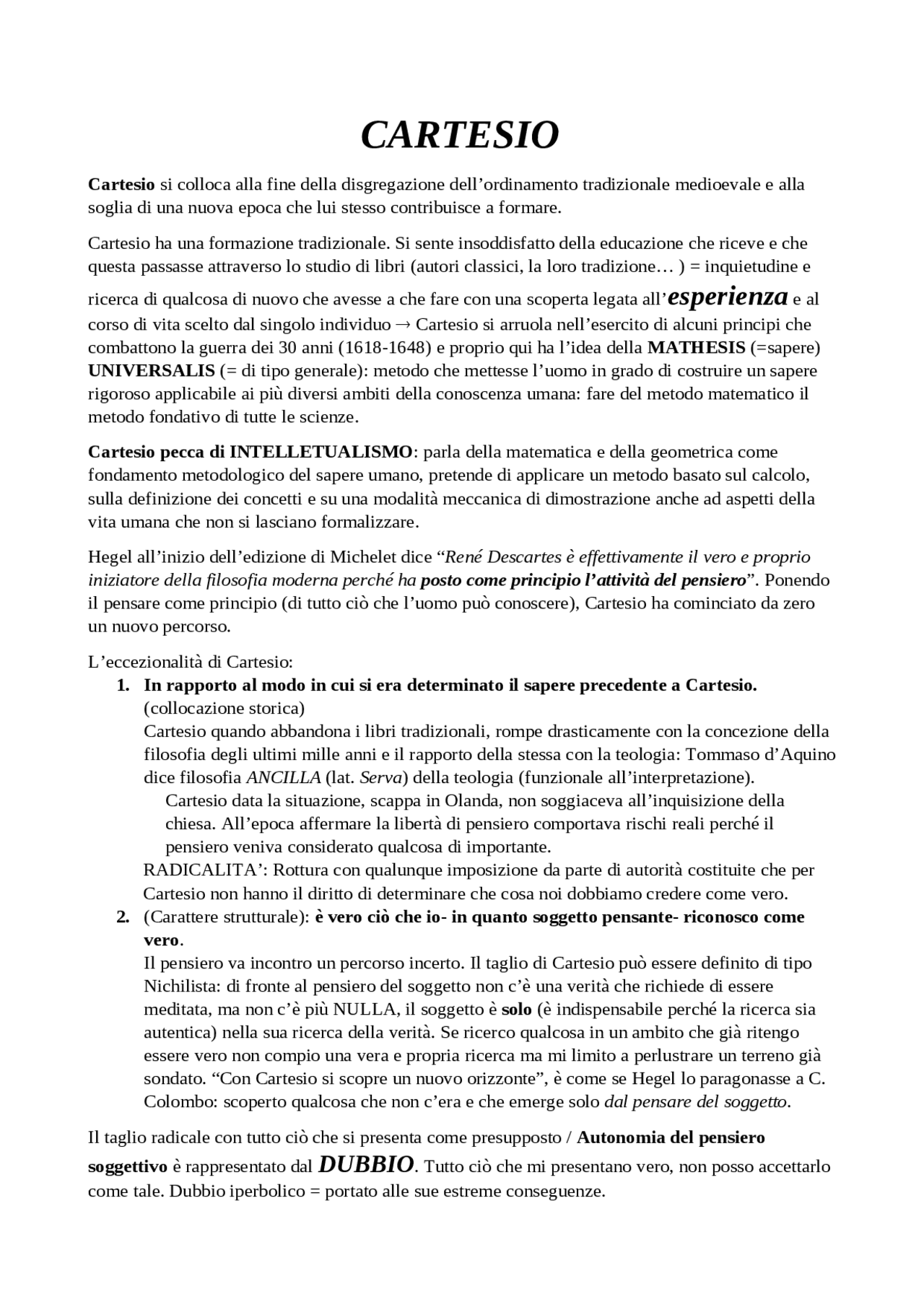 Riassunto Filosofia Di Cartesio Docsity