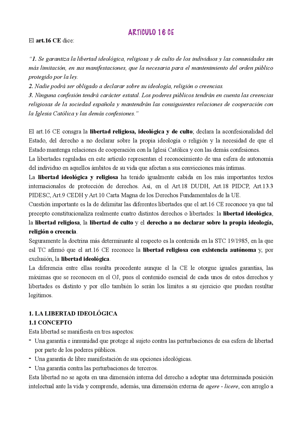 ARTÍCULO 16 CE - DERECHOS QUE CONTIENE - Docsity
