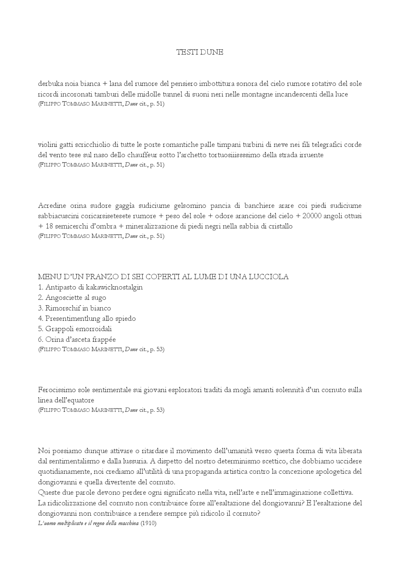 Testo Dune Di Marinetti Dispense Di Letterature Comparate Docsity