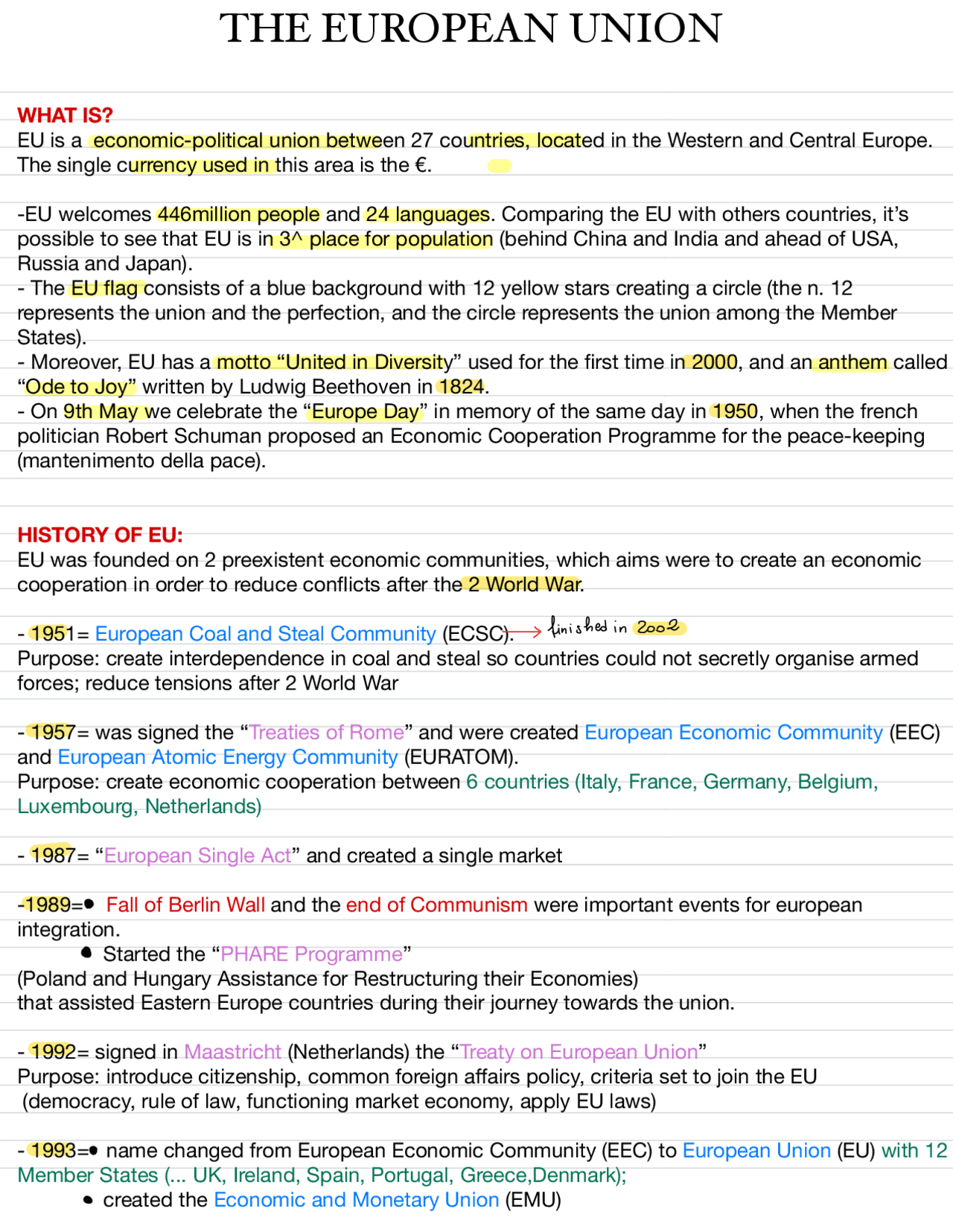 HISTORY OF THE EUROPEAN UNION AND OTHER INITIATIVES - Docsity