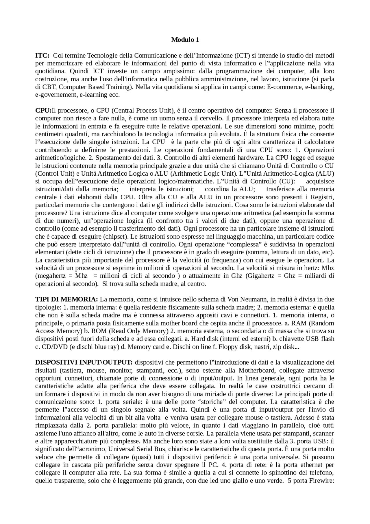 Ecdl Modulo 1 Concetti Di Base Delle Tecnologie Ict Docsity