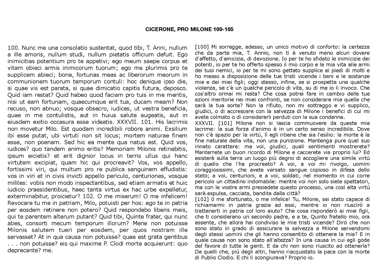 Cicerone, orazione Pro Milone (100-105) - Docsity