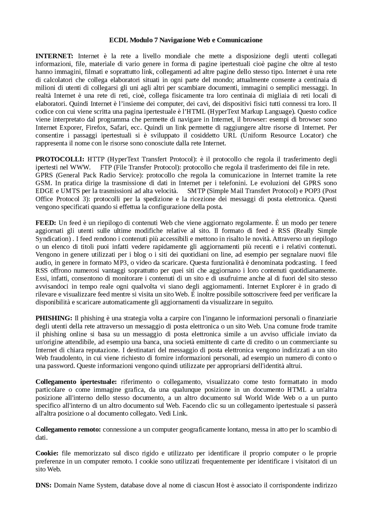 Ecdl Modulo 7 Navigazione Web E Comunicazione Docsity