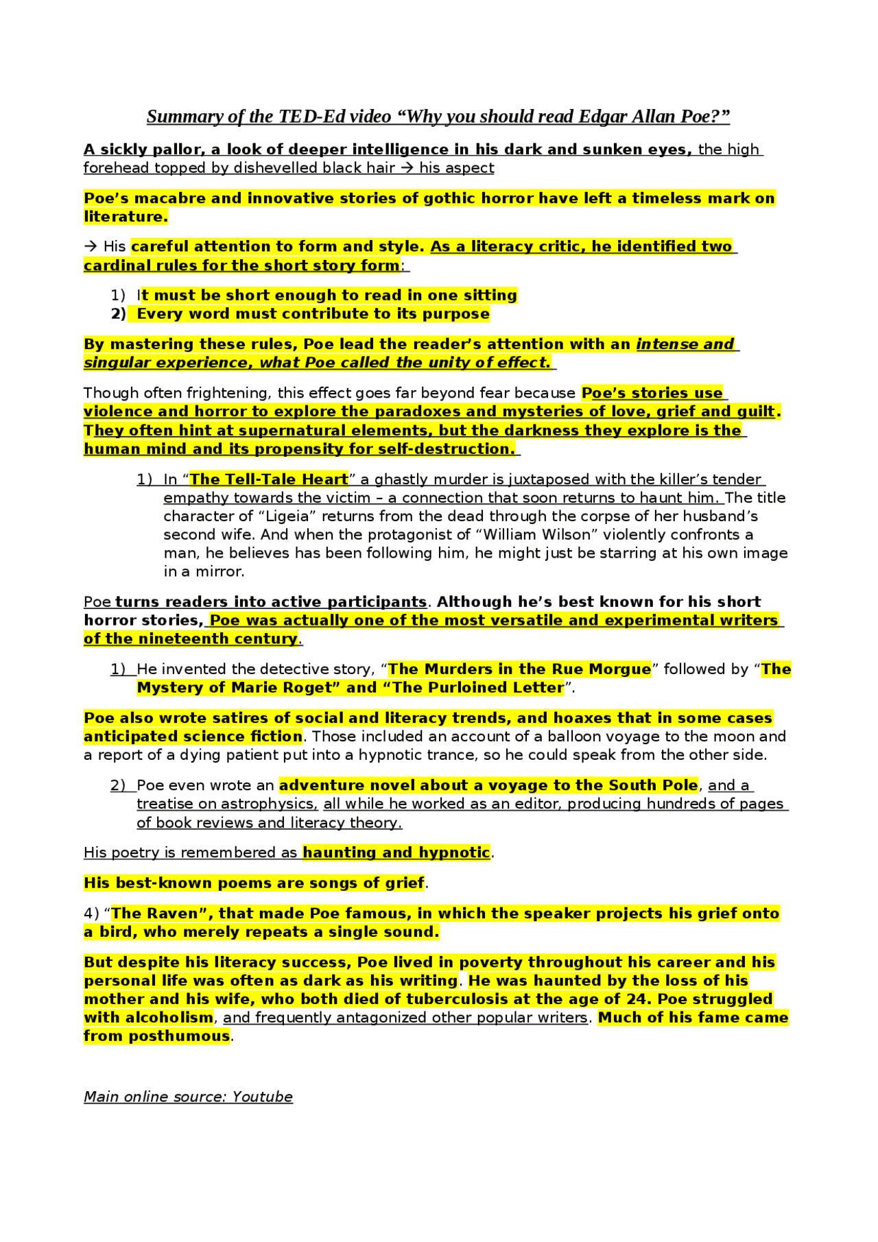 Riassunto del Ted Talk "Why you should read Edgar Allan Poe" - Docsity