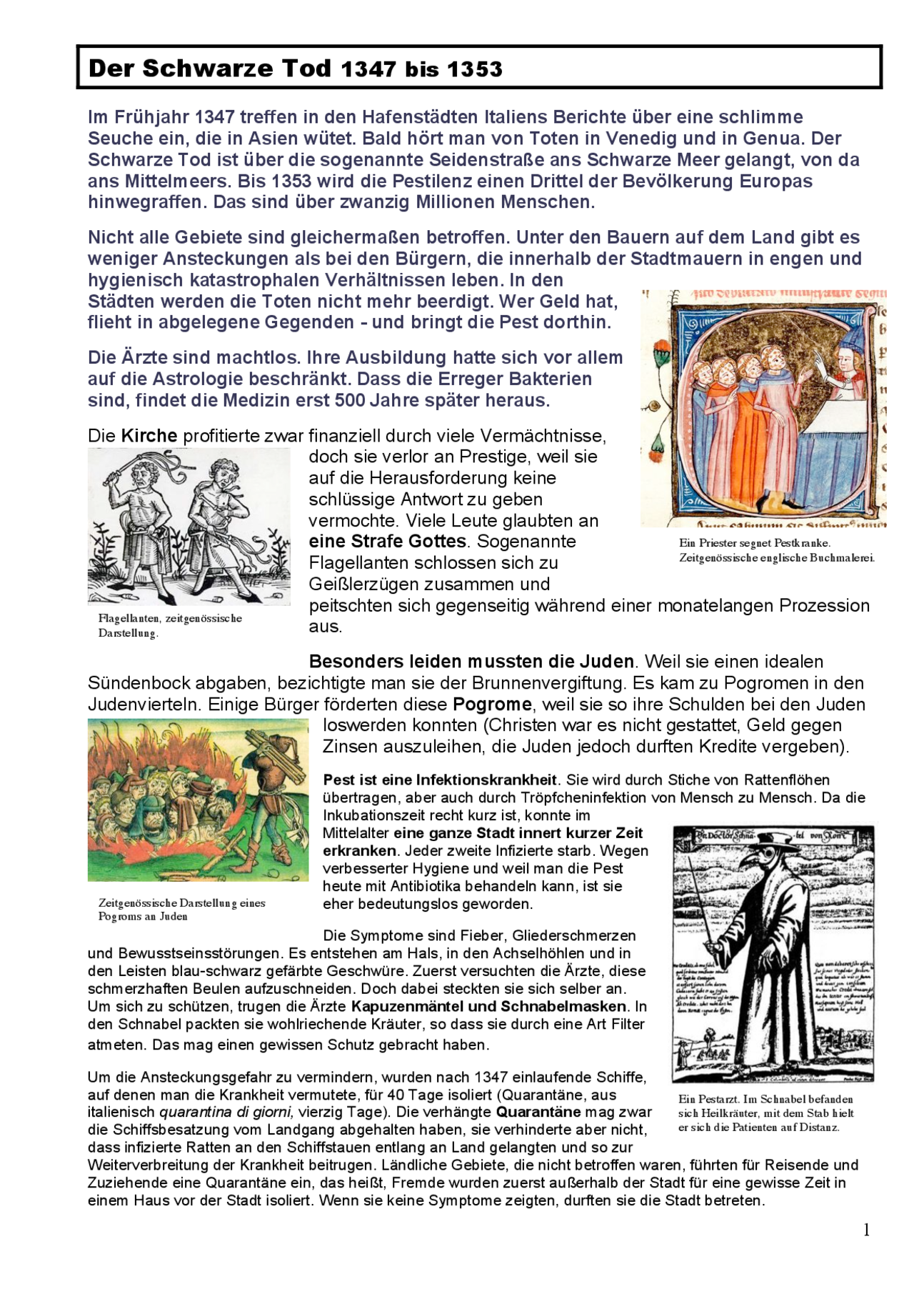 Der Schwarze Tod 1347 bis 1353: Theorie und Aufgaben - Docsity