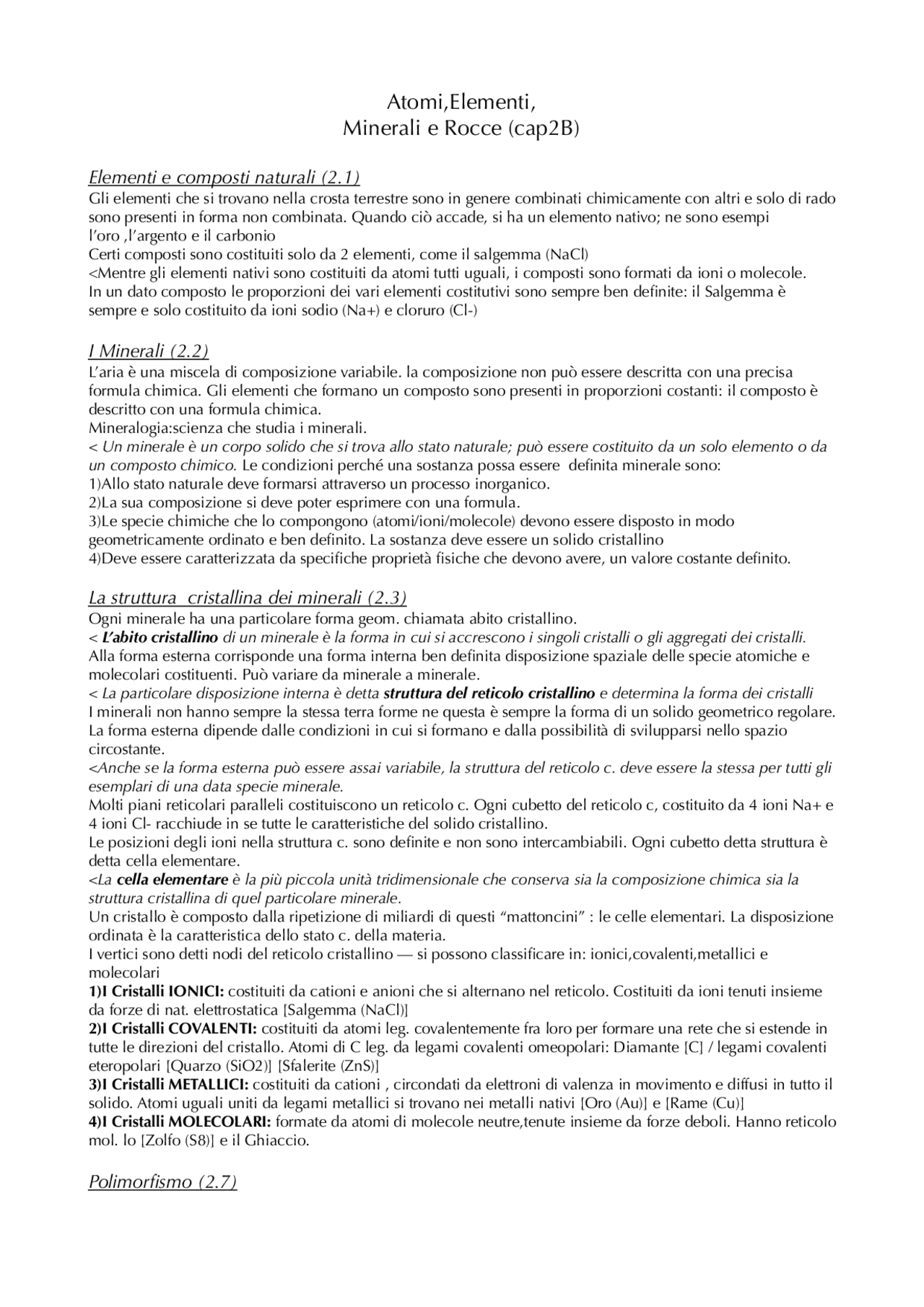 Appunti Di Scienze Della Terra Su Atomi Rocceminerali E Elementi