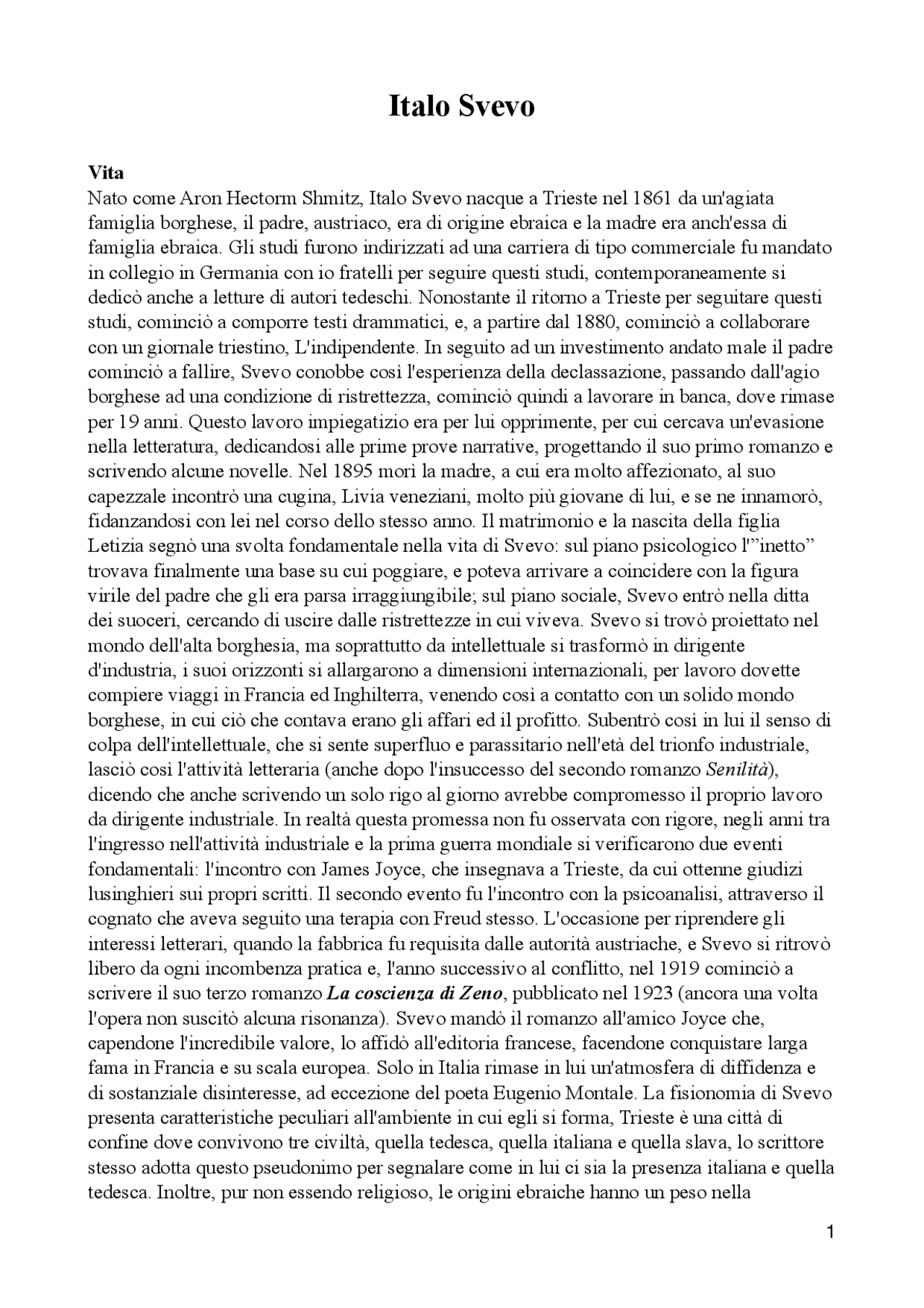 Italo Svevo. Vita e Opere - Docsity