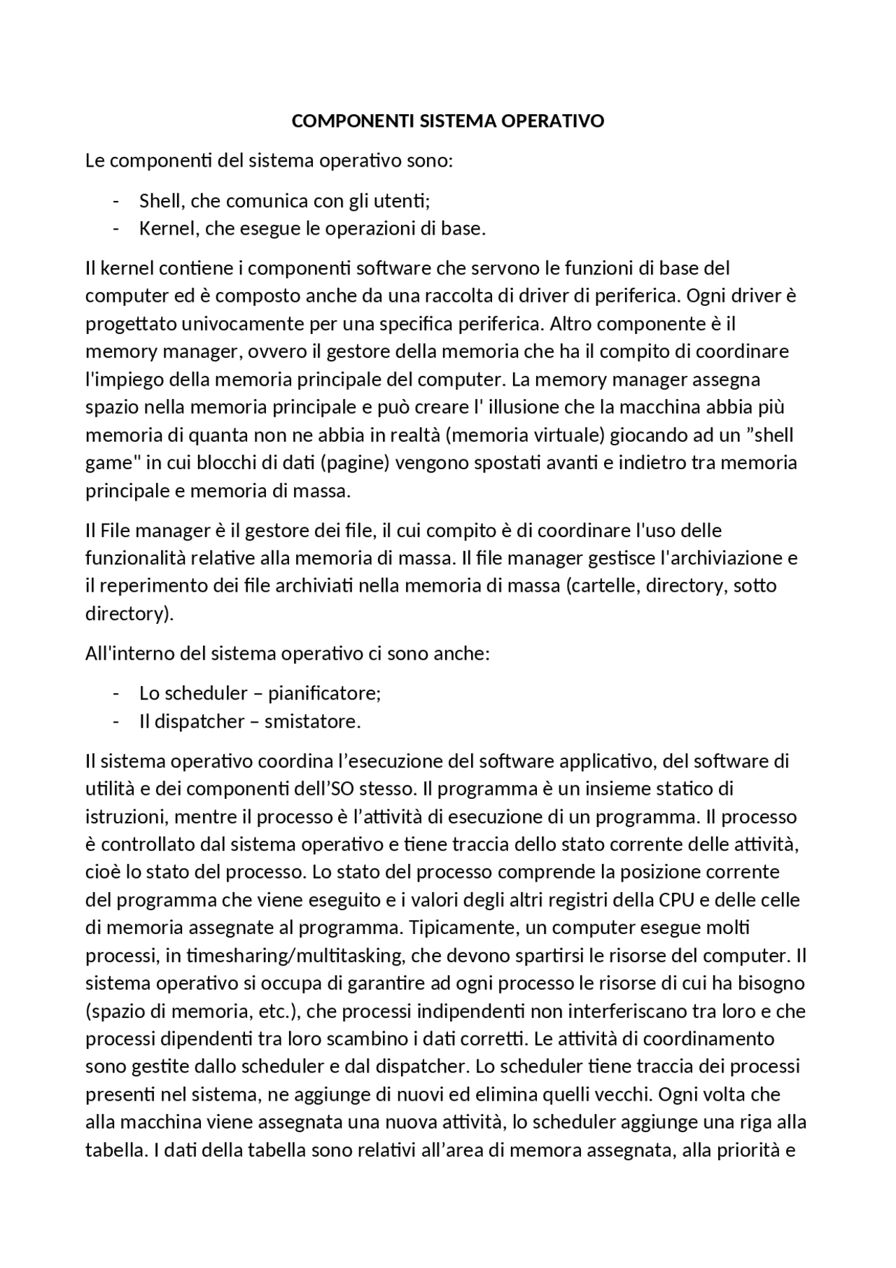 Componenti Sistema Operativo Docsity