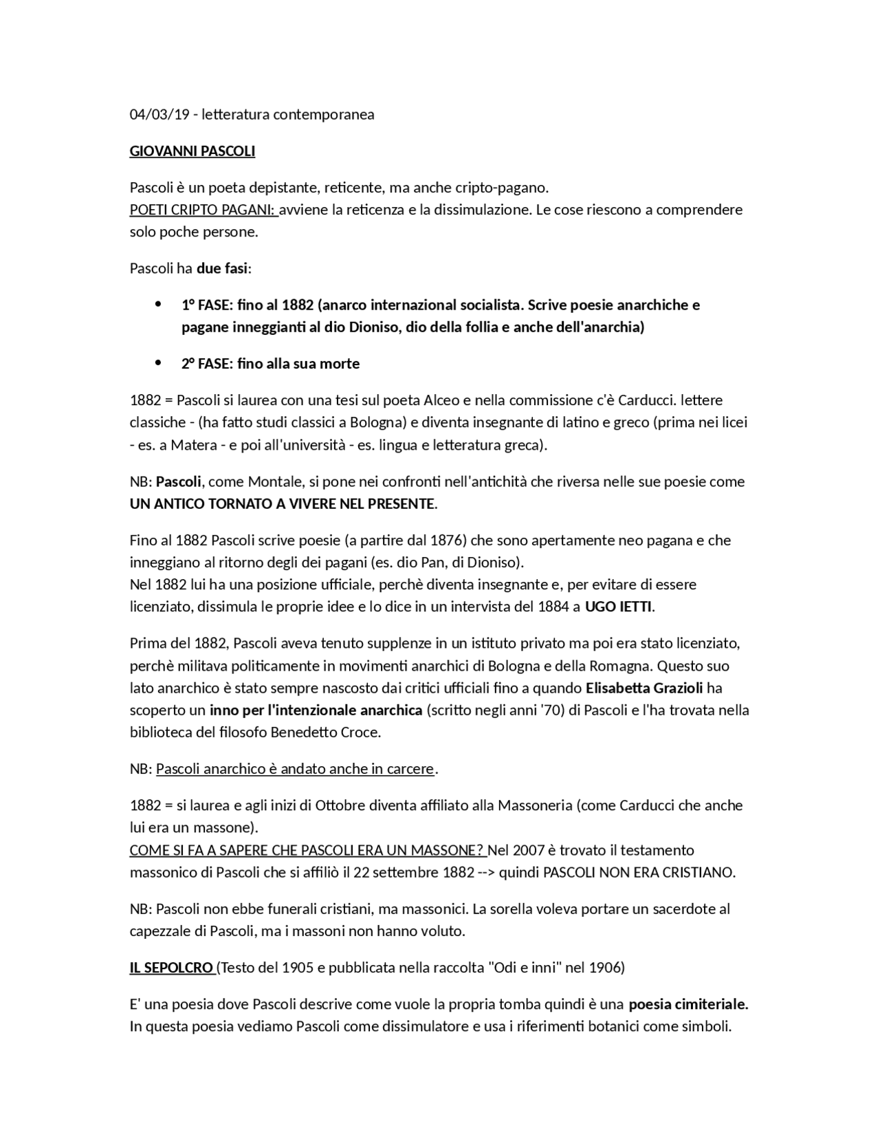 Pascoli Introduzione Docsity