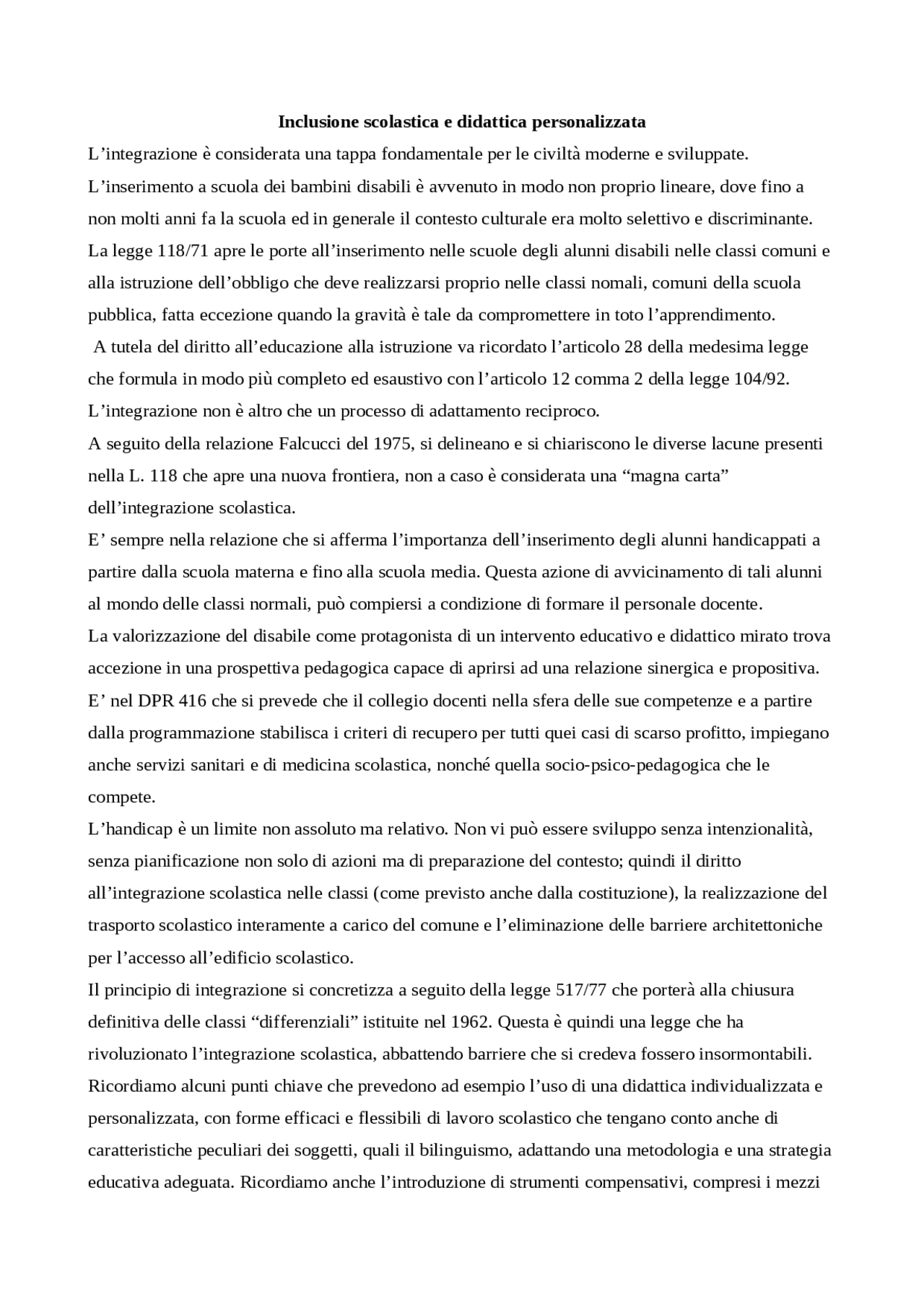 Inclusione Scolastica E Didattica Personalizzata Docsity