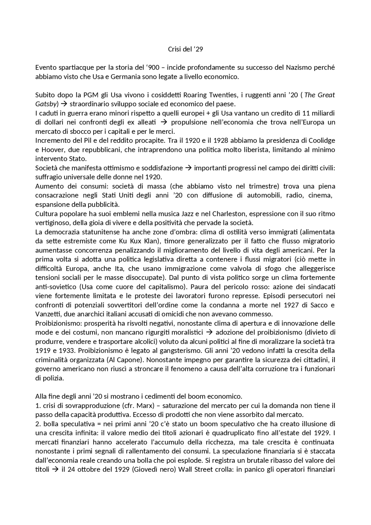 Appunti storia sulla crisi del 29 - Docsity