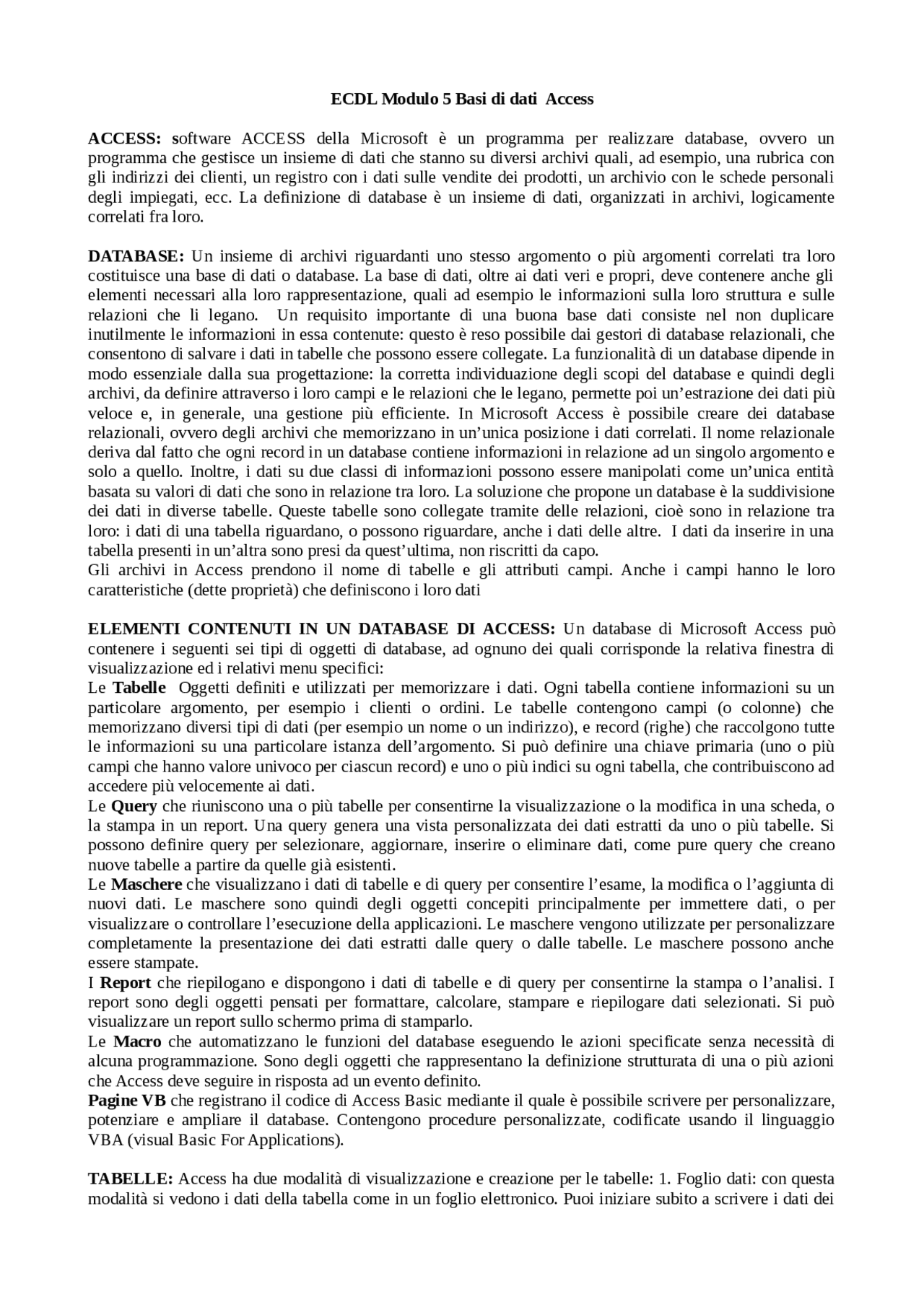 Ecdl Modulo 5 Basi Di Dati Access Docsity