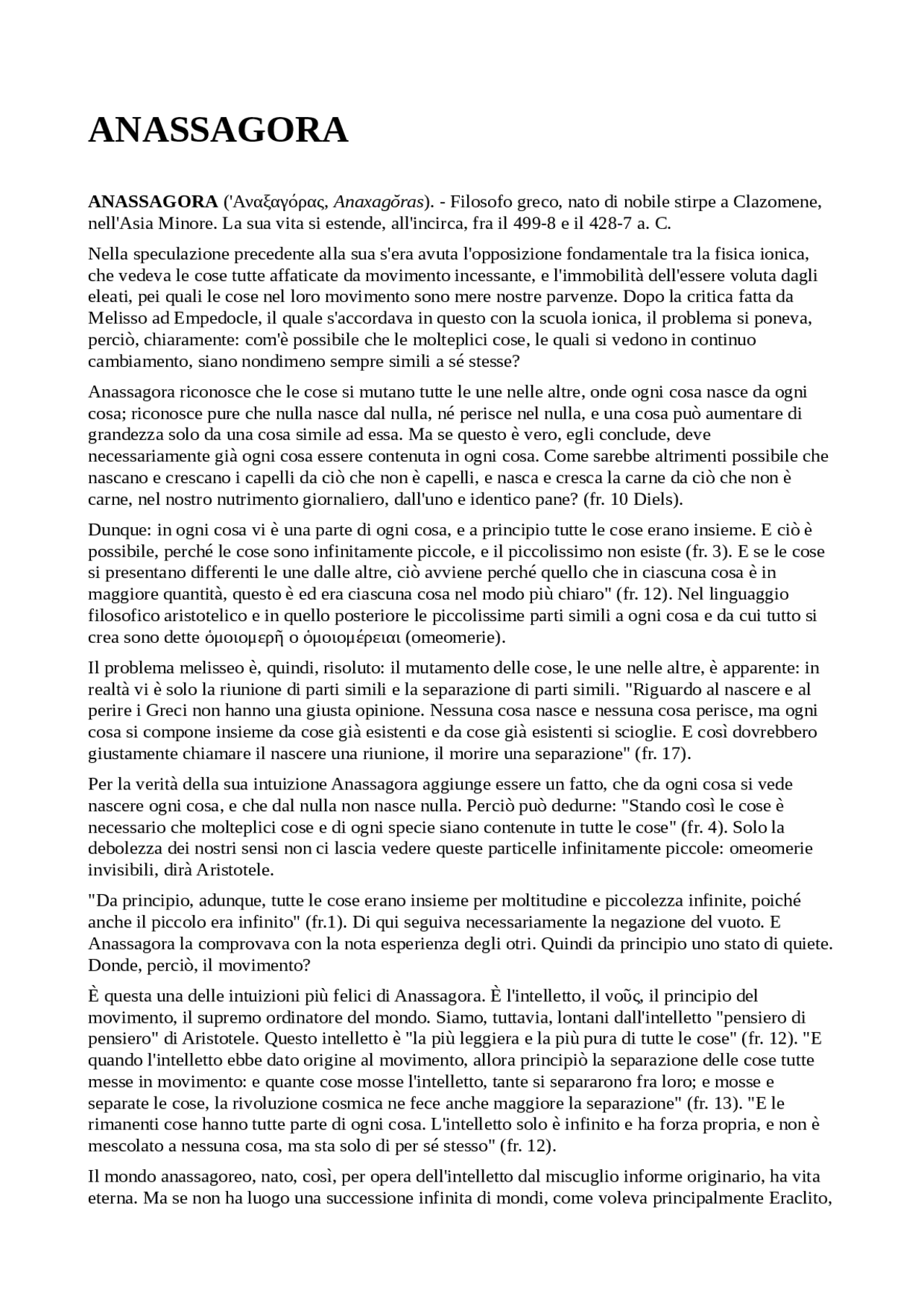 Riassunto Anassagora Docsity