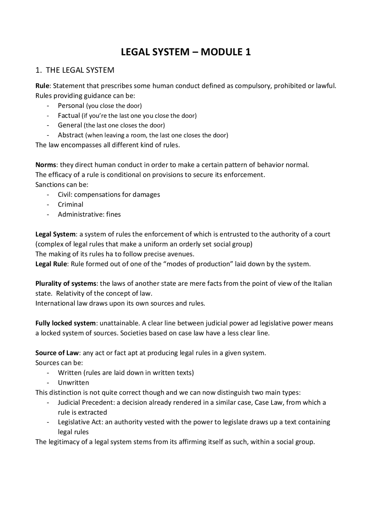 Introduction to the legal system - Modulo 1 - Docsity
