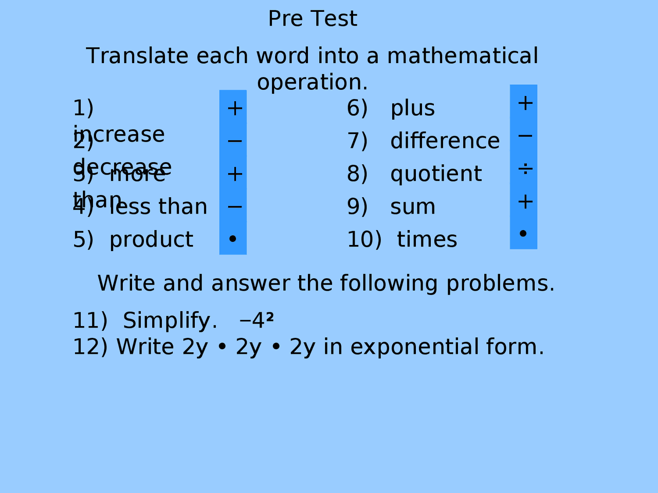 Algebra 1 Pre-Test: Simplifying Expressions and Writing in Exponential ...
