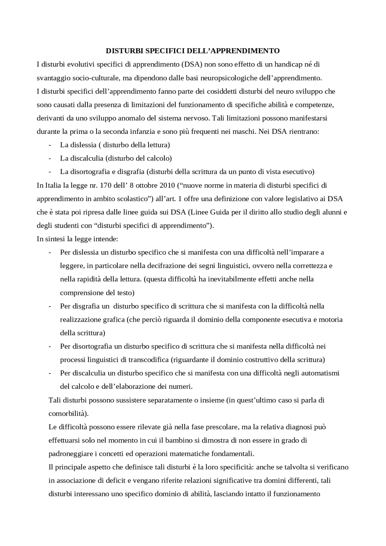 Disturbi Specifici Dellapprendimento Docsity