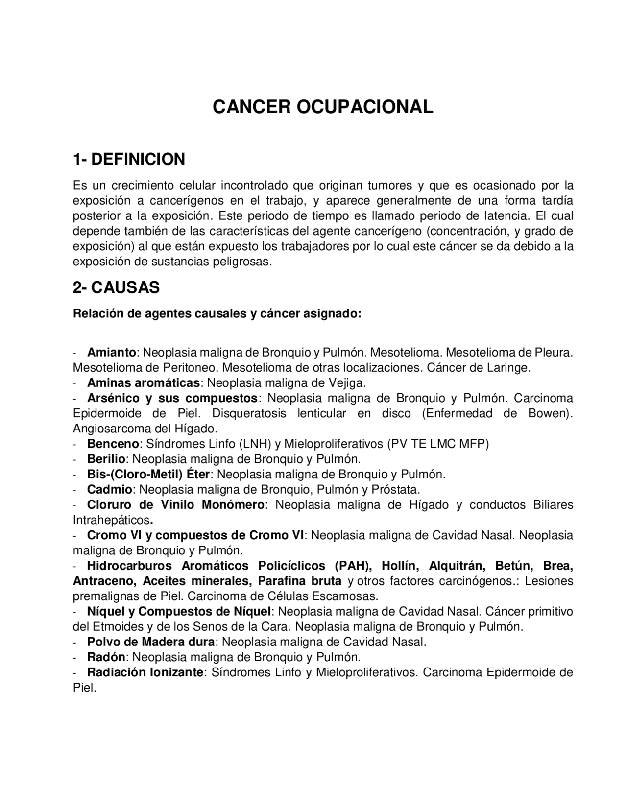 RESUMEN DEL CANCER OCUPACIONAL. - Docsity