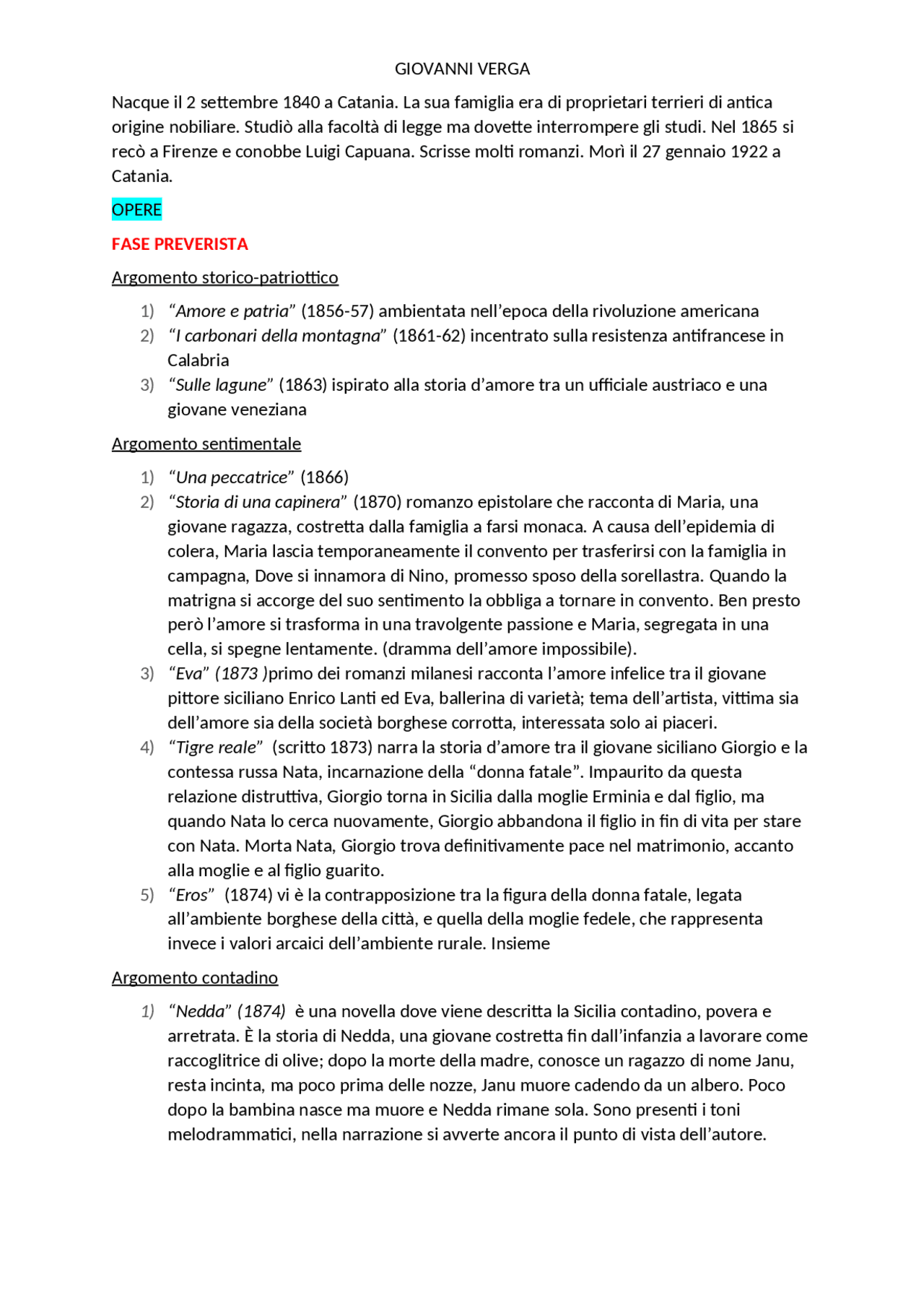 GIOVANNI VERGA e il verismo - Docsity