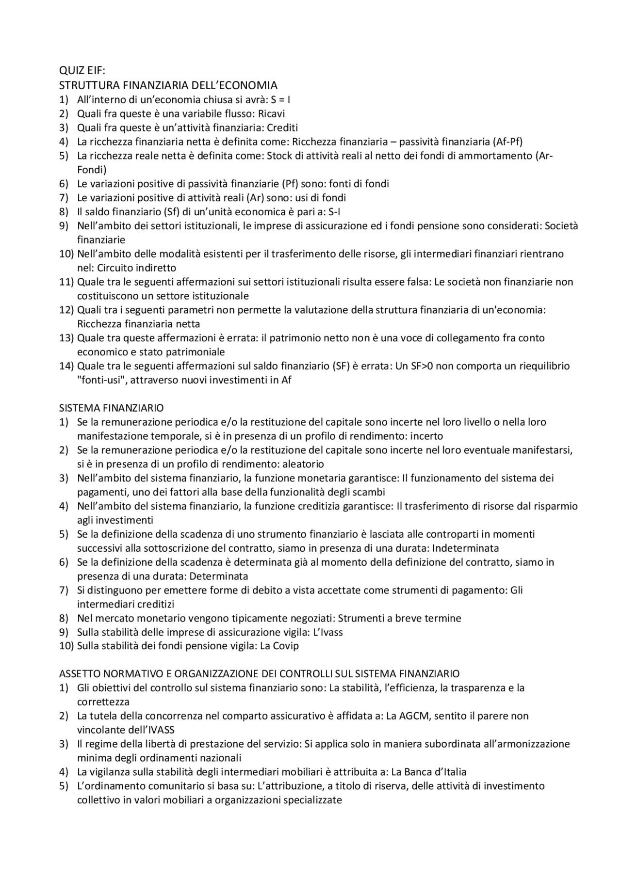 Domande e risposte del database EIF - Docsity