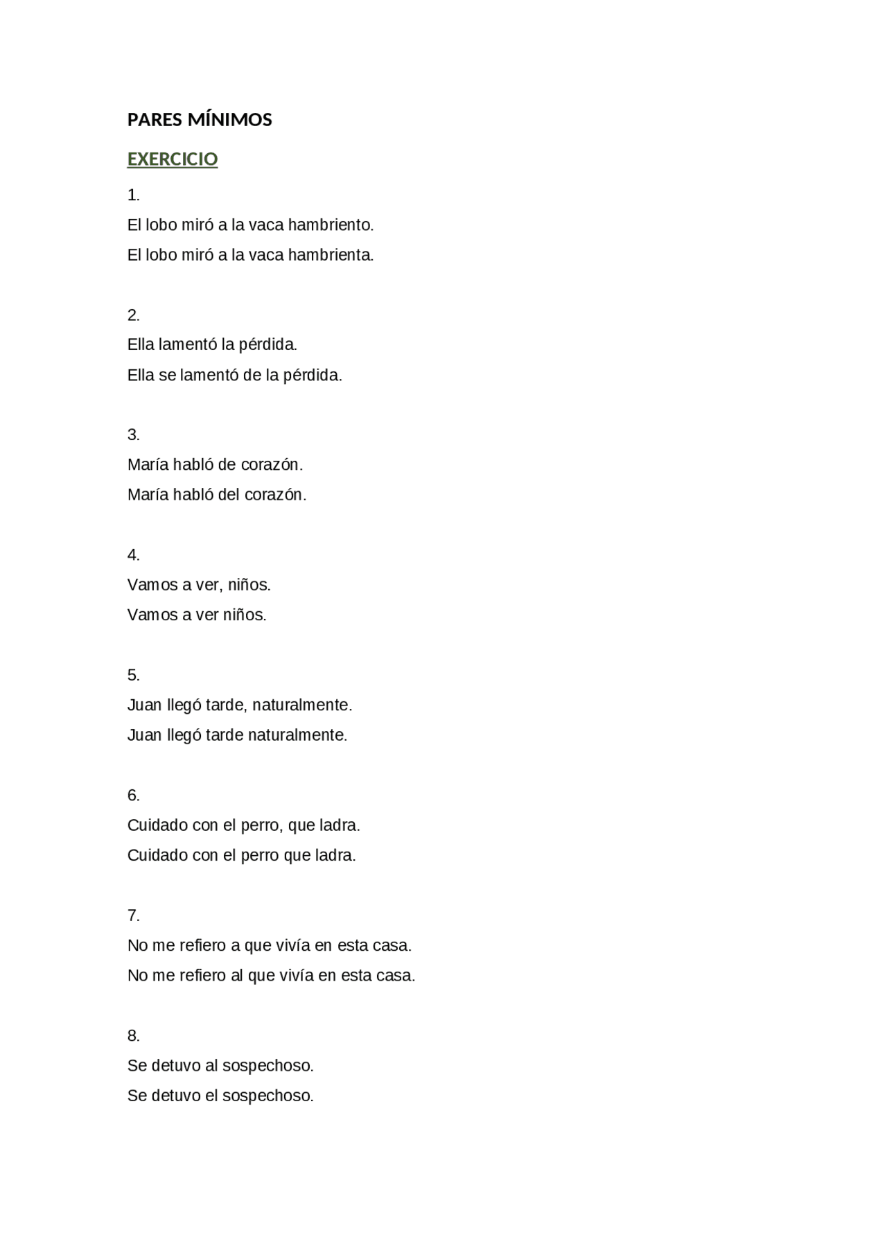 Ejercicios sobre pares mínimos | Ejercicios de Lengua y Literatura | Docsity