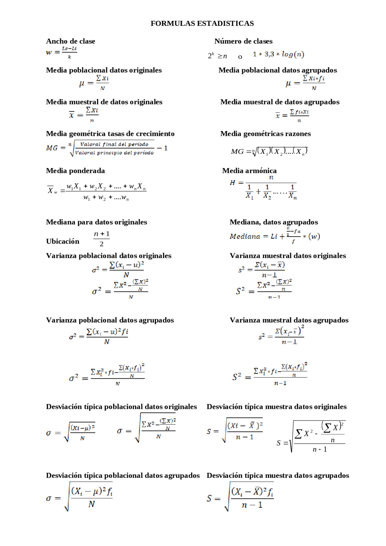 FORMULAS ESTADISTICAS - Docsity