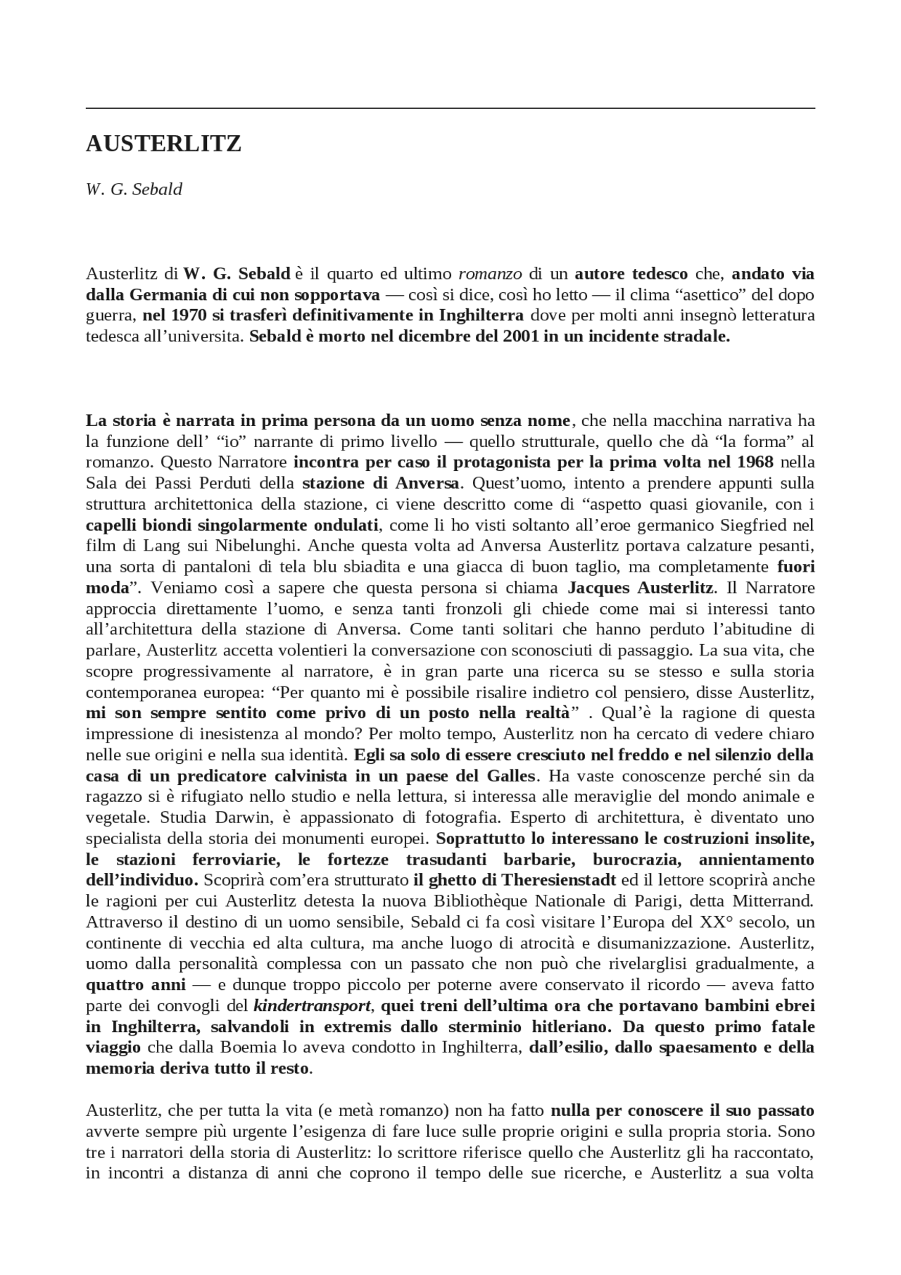 Austerlitz Sebald Riassunto Libro Docsity