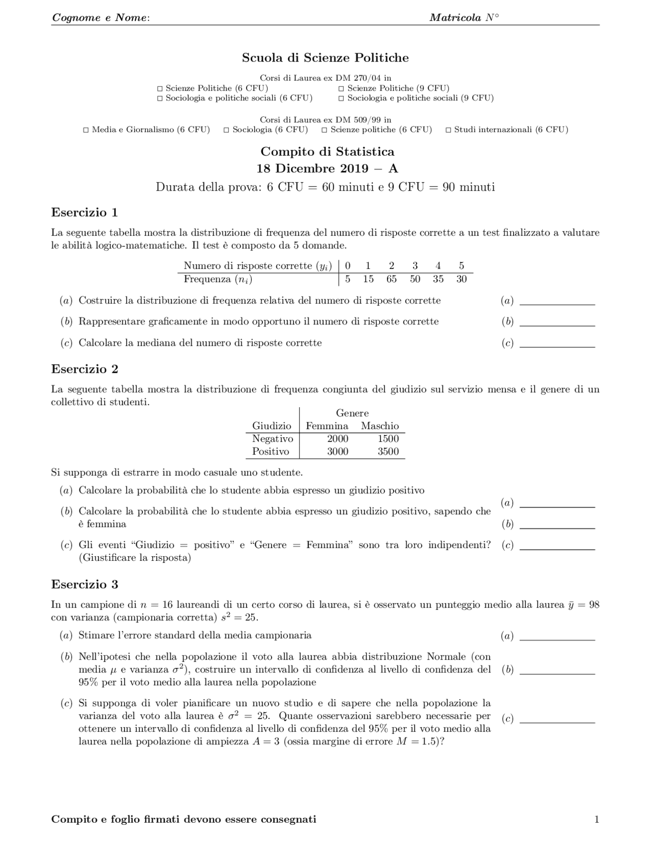 PROVE D'ESAME STATISTICA - Docsity