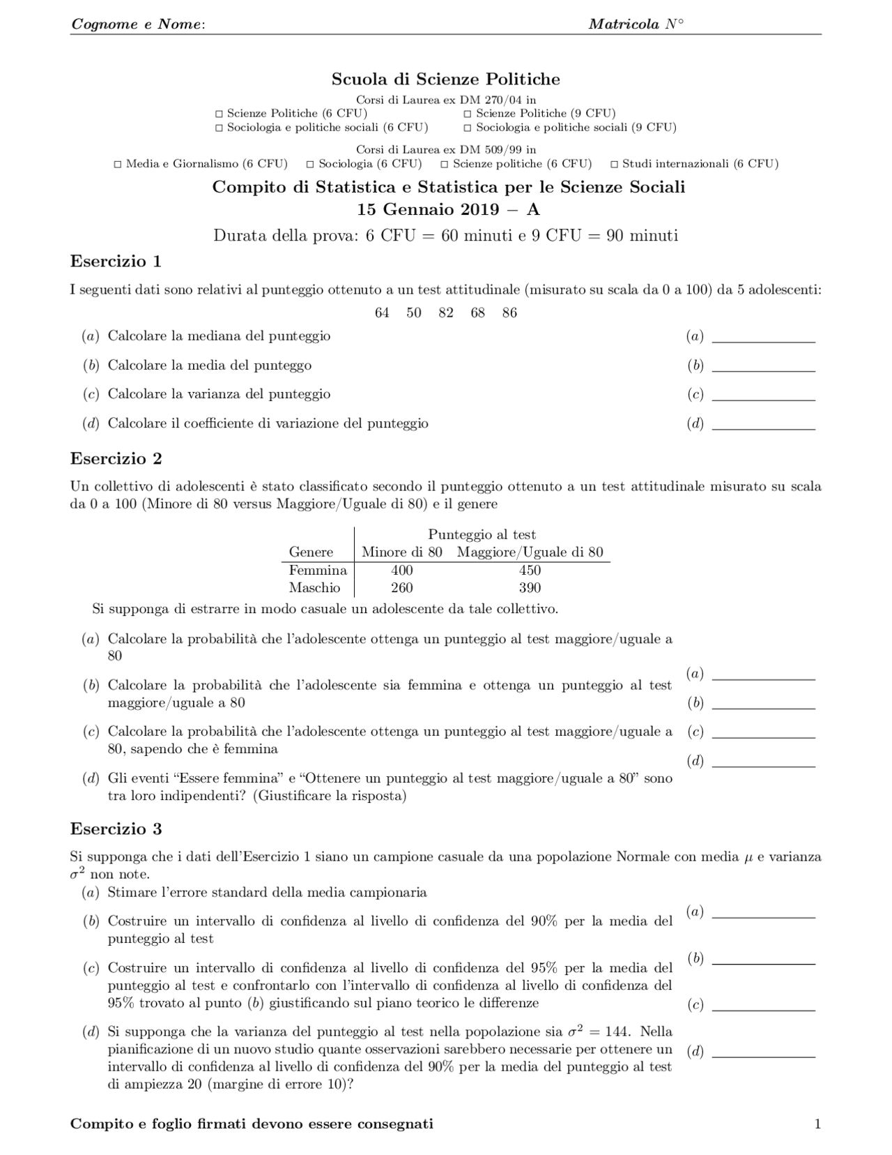 Prove Desame Statistica Docsity