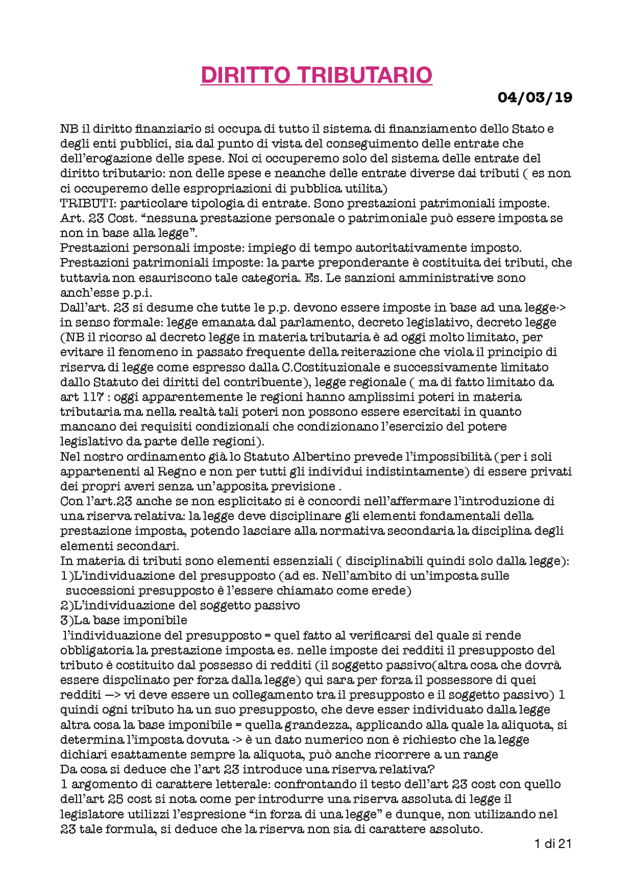 Lezioni diritto tributario - Docsity