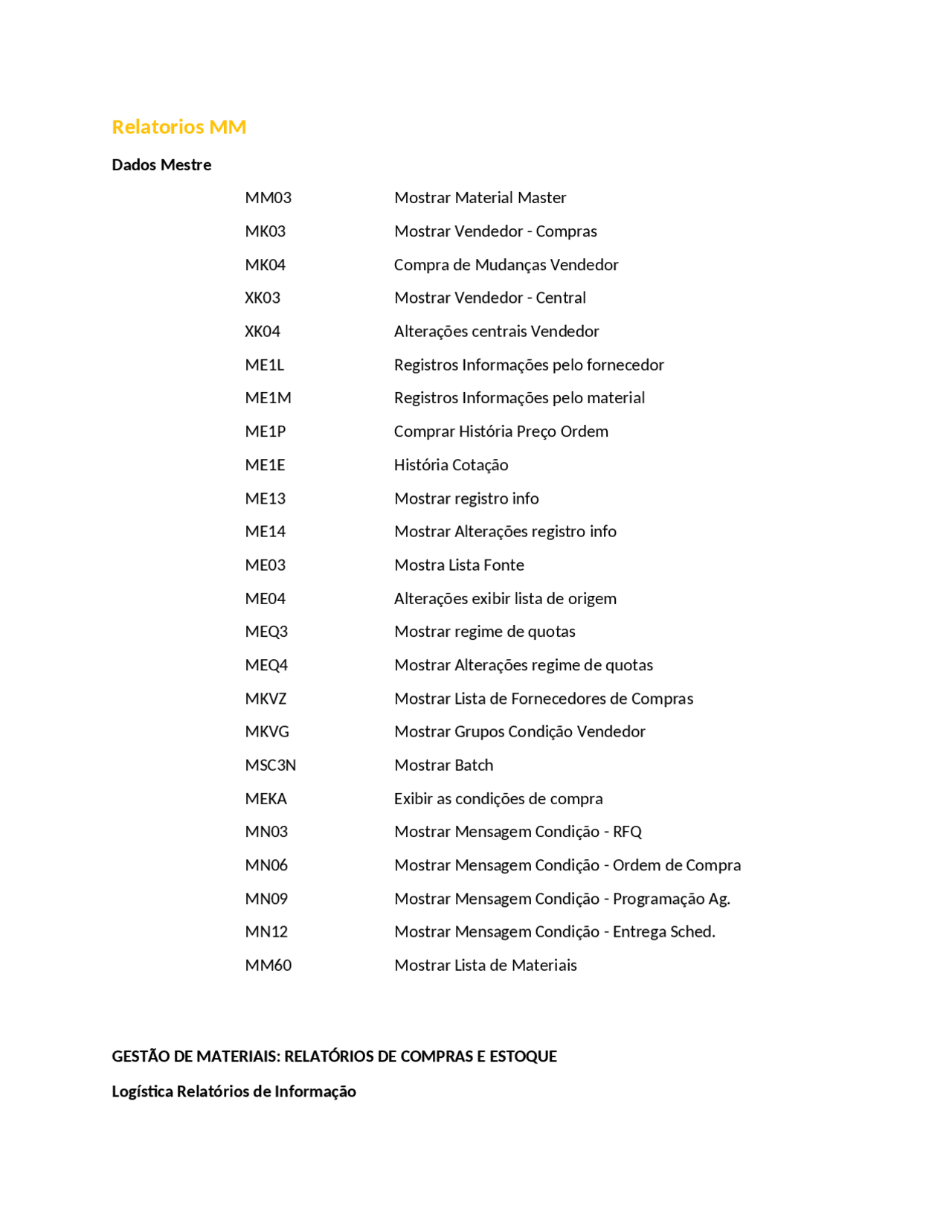 Relatórios de MM - SAP - Docsity