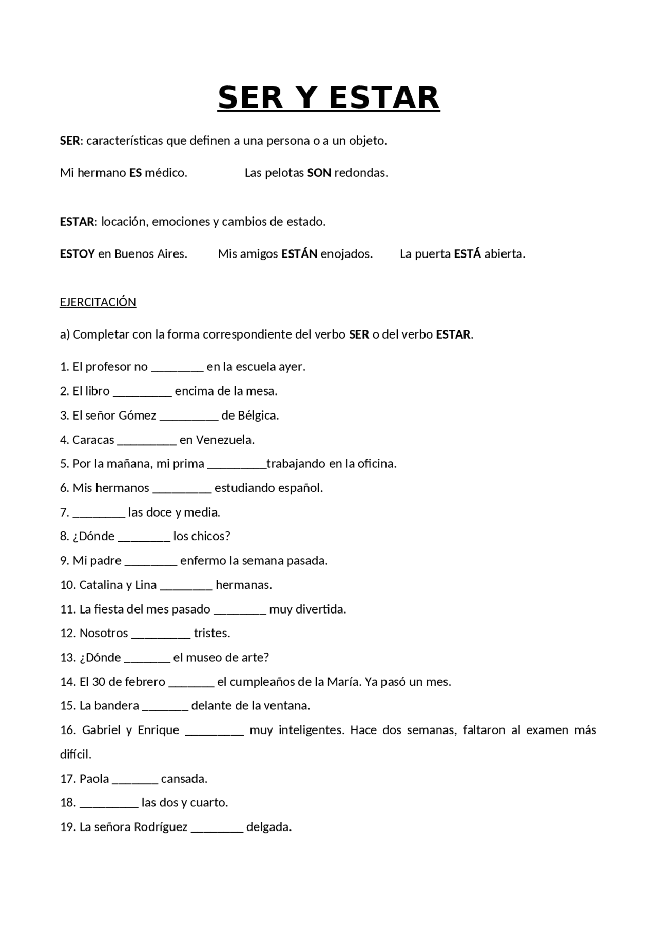 EJERCITACIÓN SOBRE SER Y ESTAR - Docsity