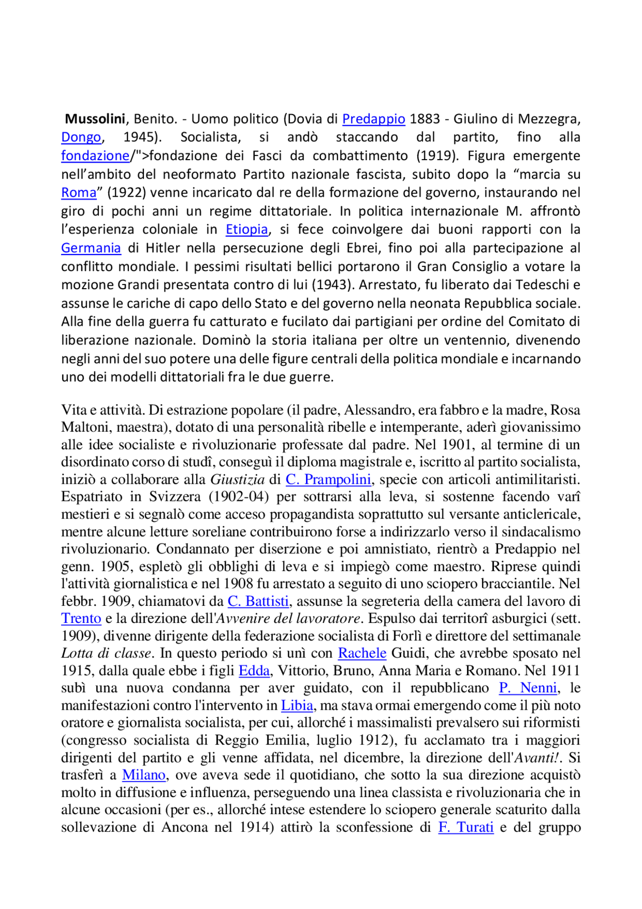 Vita di Mussolini e il suo pensiero - Docsity