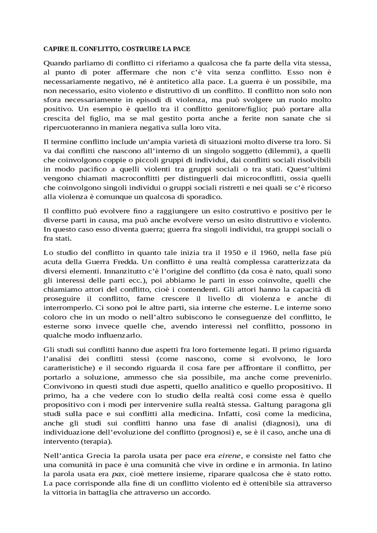 CAPIRE IL CONFLITTO COSTRUIRE LA PACE - Docsity