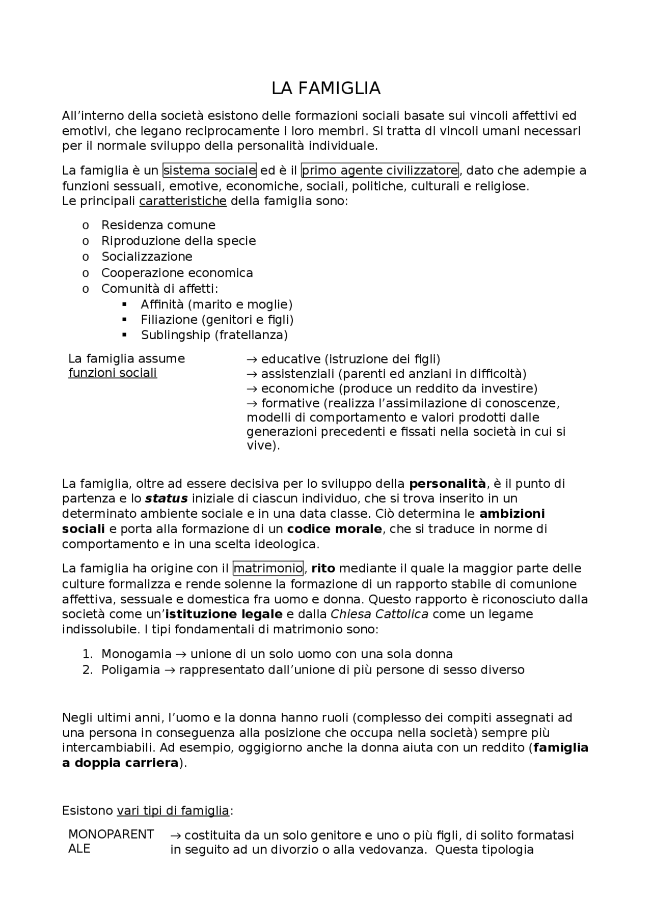 La famiglia in Sociologia - Docsity