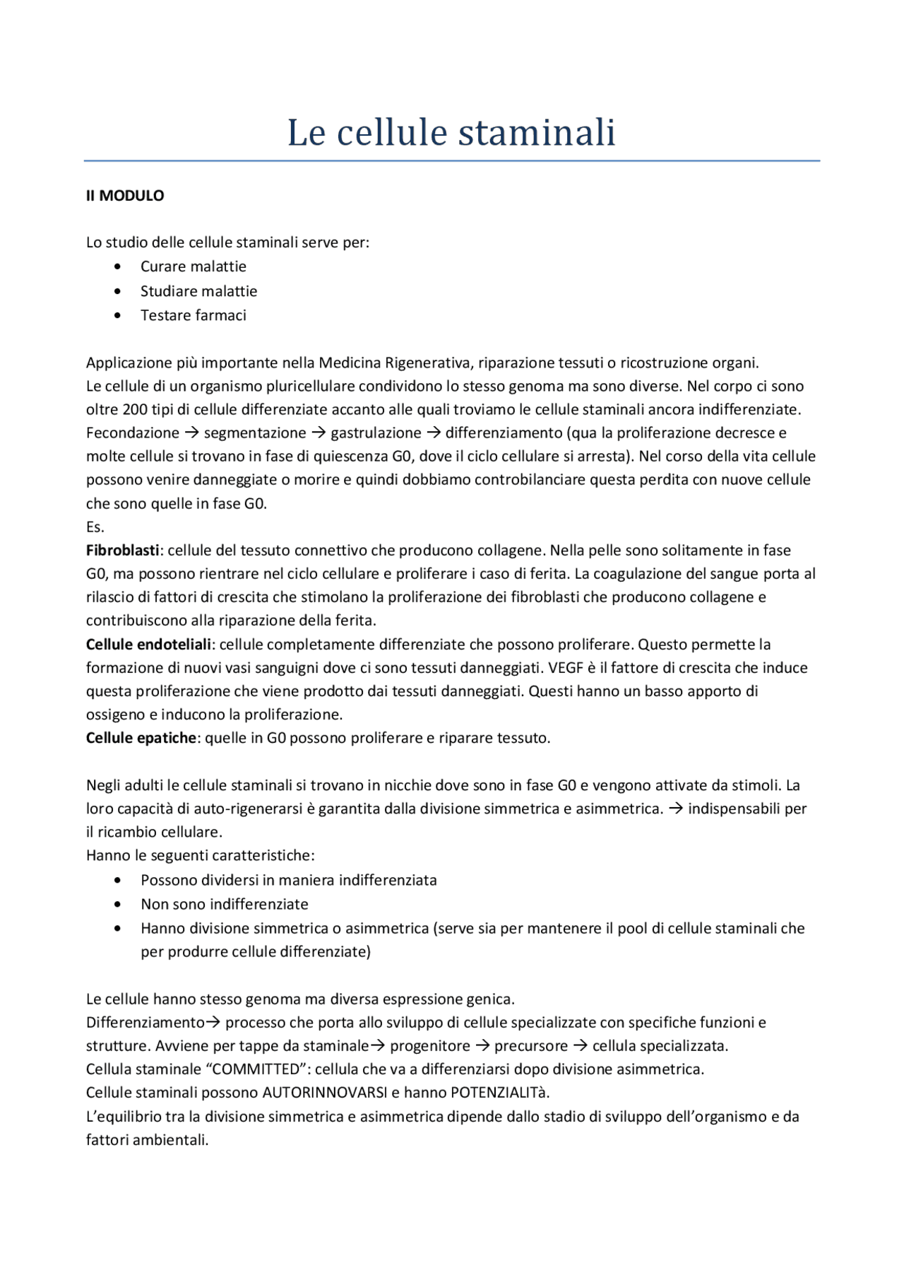 Appunti Di Biologia Delle Cellule Staminali Ii Modulo Docsity